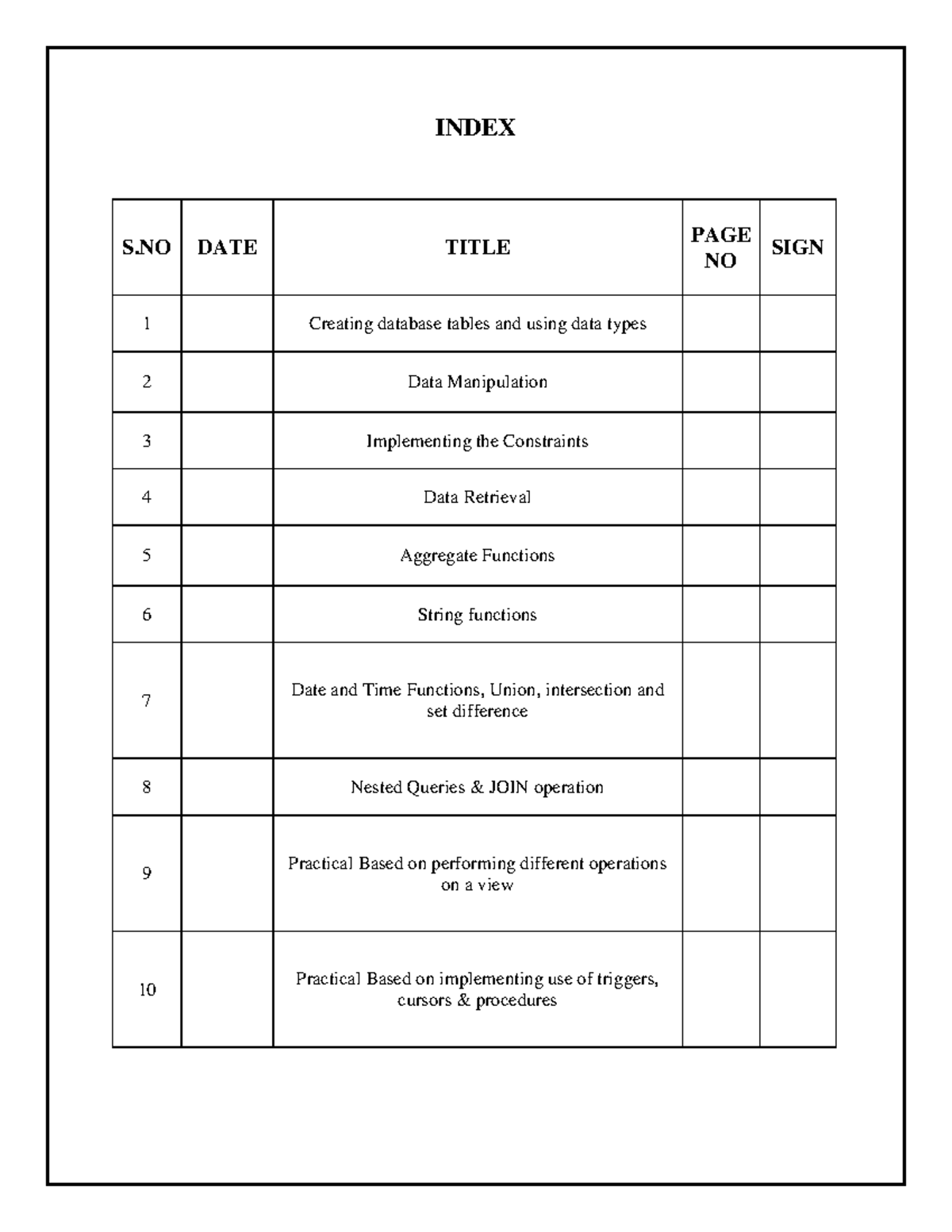Rdbms 10 lab program - INDEX S DATE TITLE PAGE NO SIGN 1 Creating ...