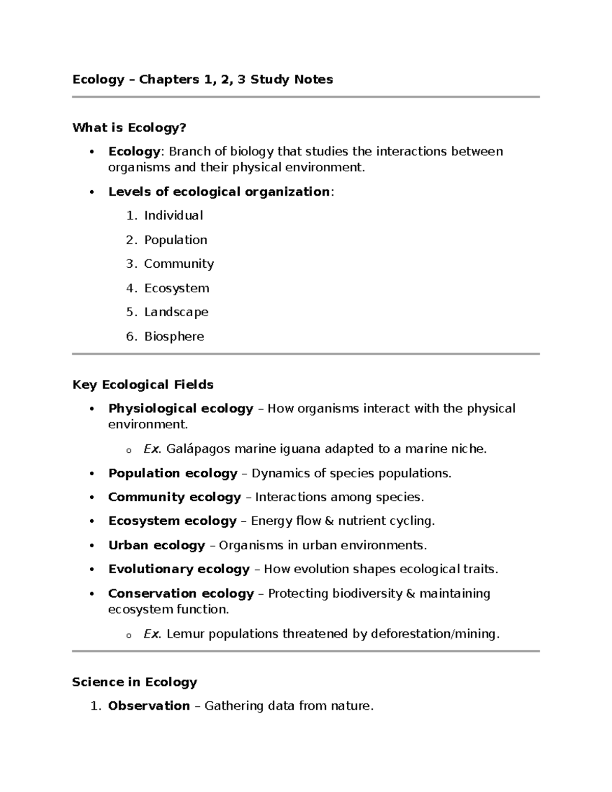 Ecology Exam 1 Study Notes: Chapters 1-3 Overview - Studocu