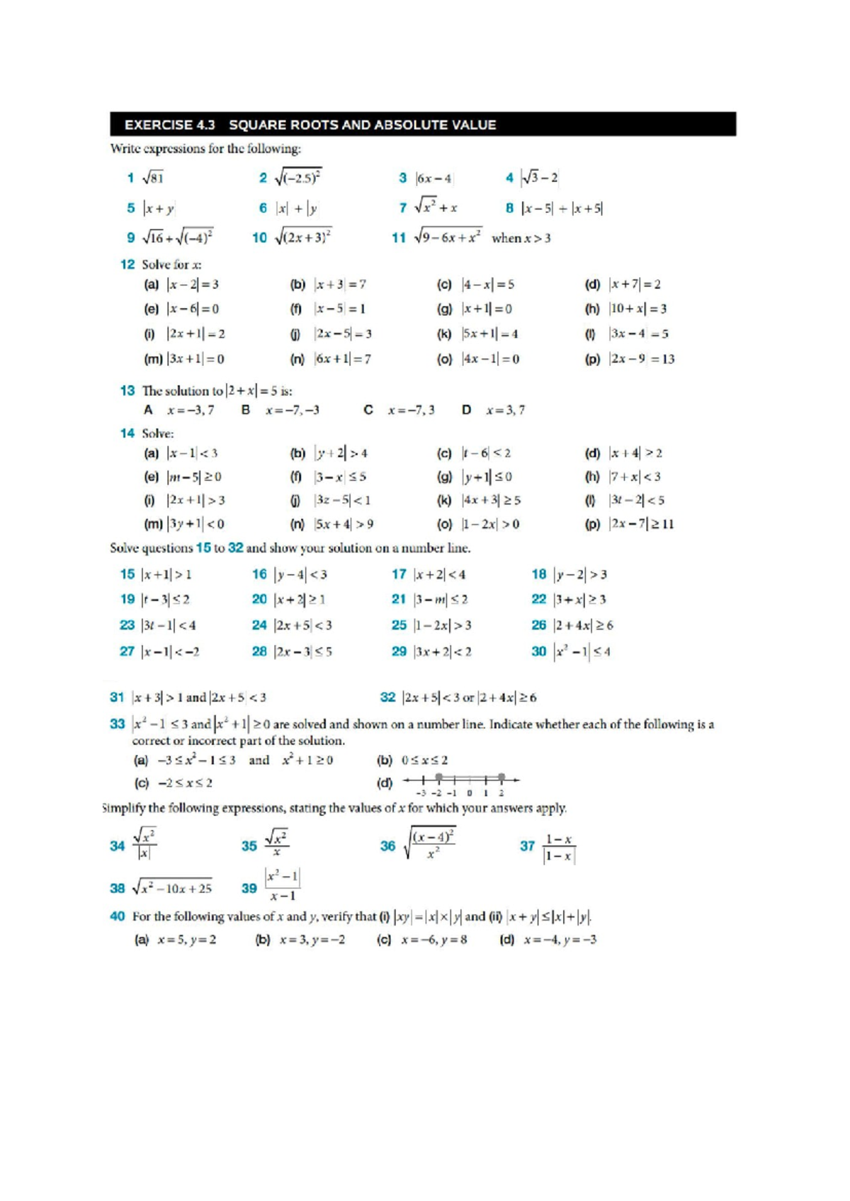 Exercise 4.3: Square Roots & Absolute Value Solutions - Studocu
