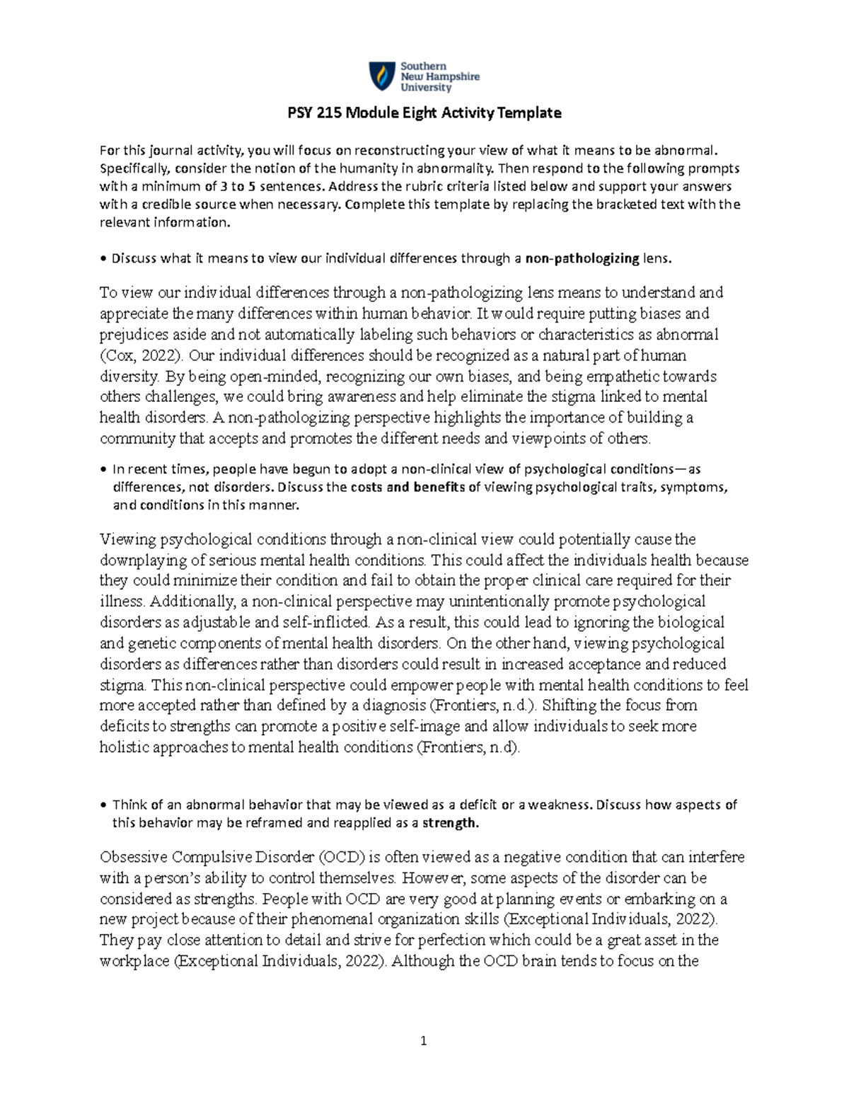 PSY 215 Module 8 Reflective Journal on Abnormality Perspectives - Studocu