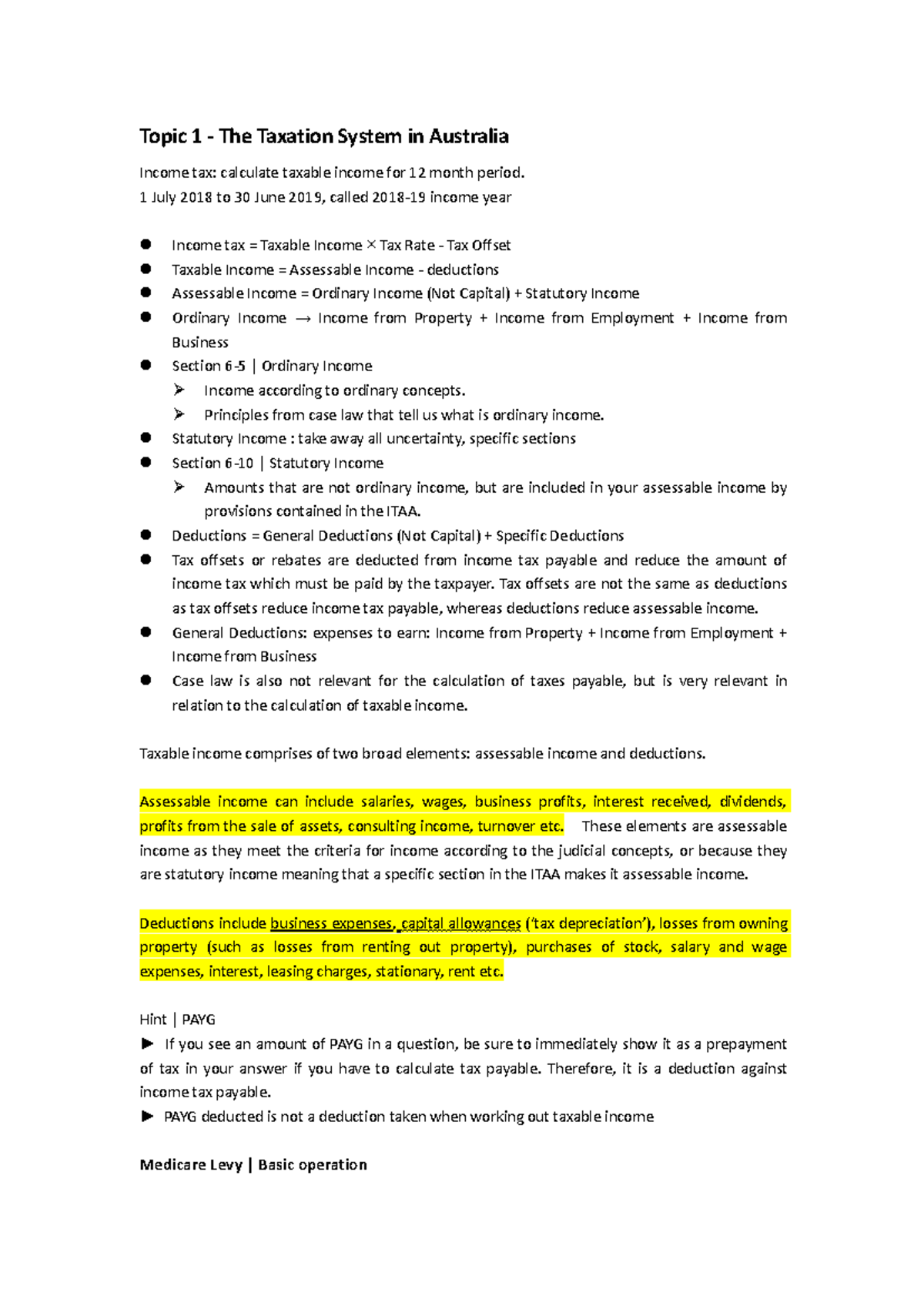 Topic 1 revision notes - Topic 1 - The Taxation System in Australia ...