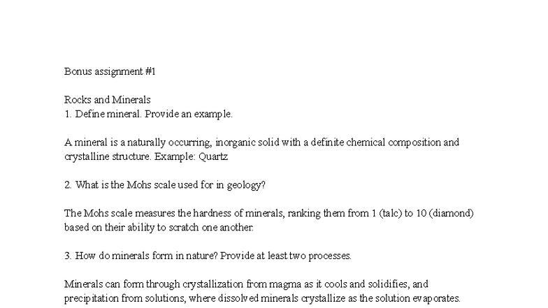 GEO - Pre-Test Questions for Bonus Assignment on Rocks & Minerals - Studocu