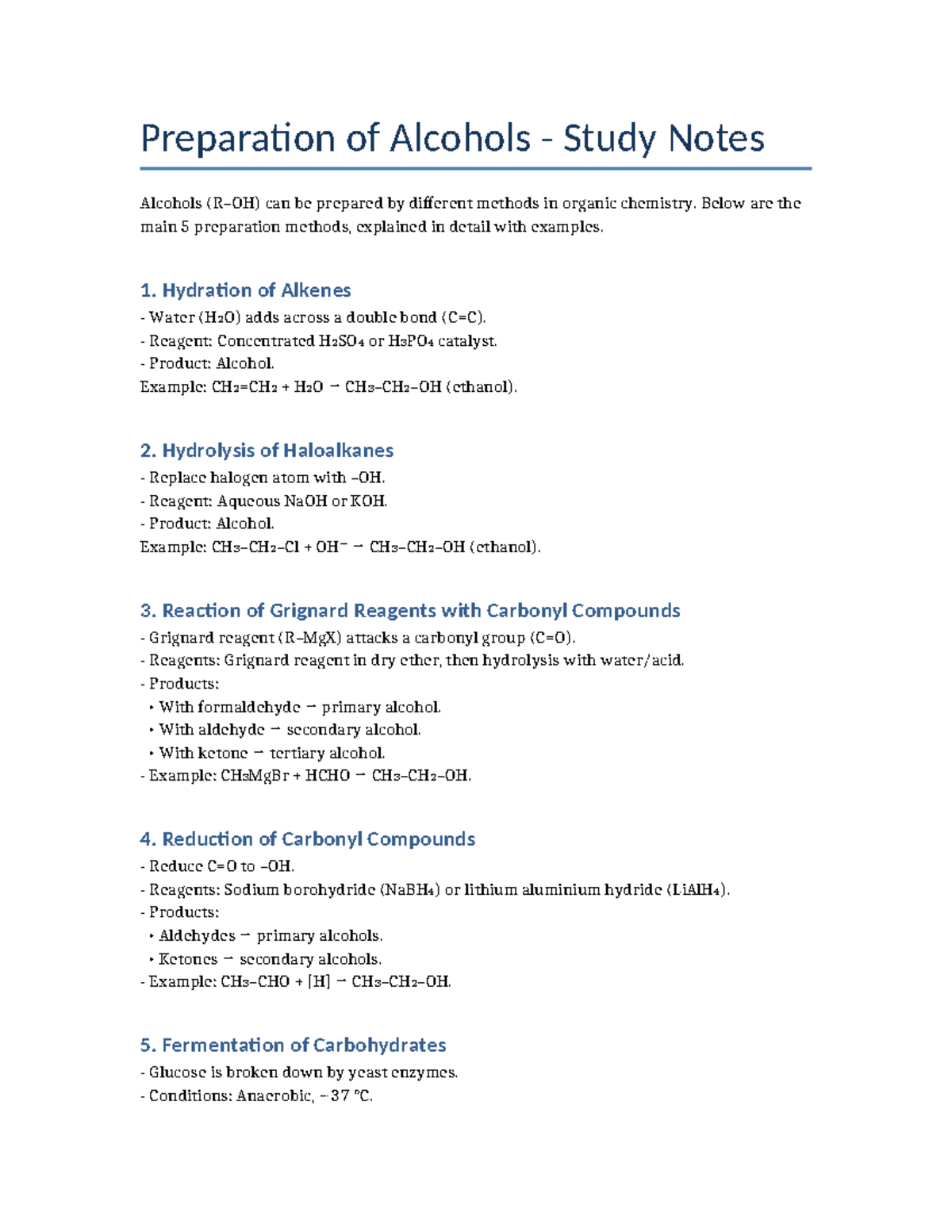 Preparation of Alcohols: Study Notes on Synthesis Methods - Studocu