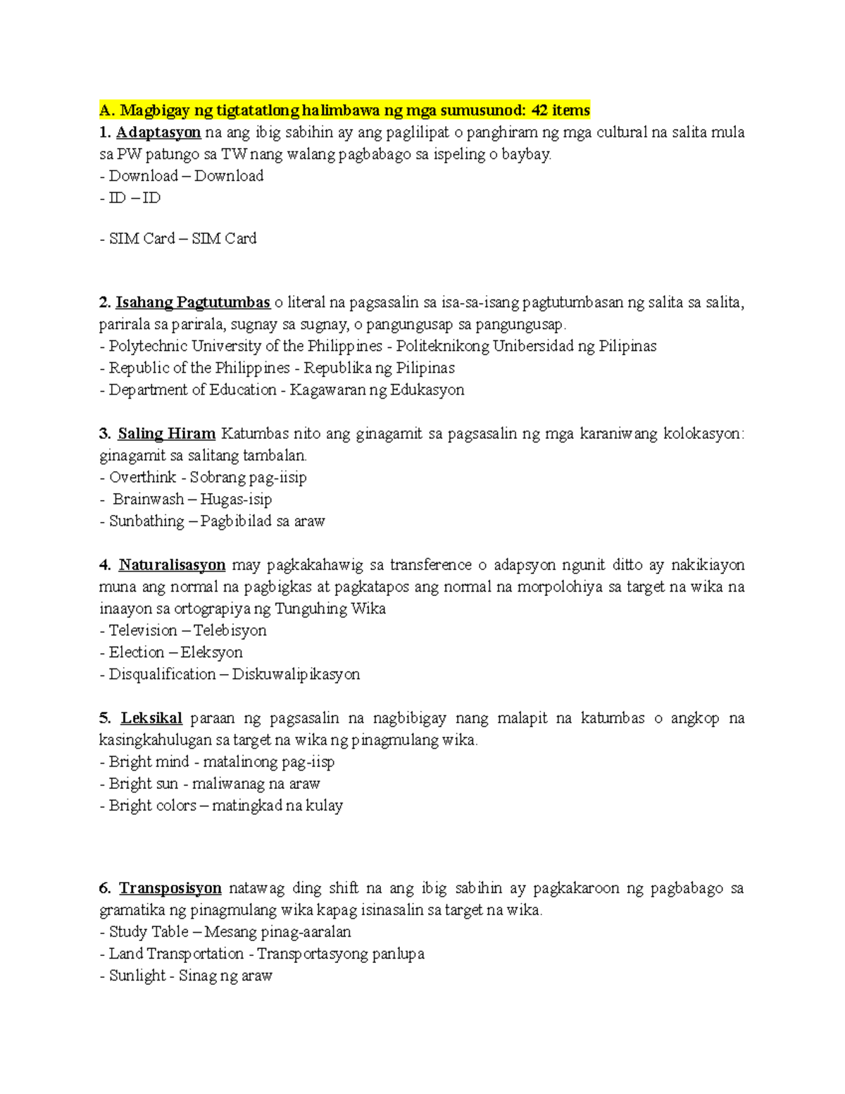 Pagsasalin Gawain: 42 Halimbawa ng Pagsasalin ng Kultural na Salita ...