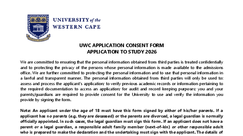 UWC APPLICATION CONSENT FORM FOR STUDY 2026 - Studocu