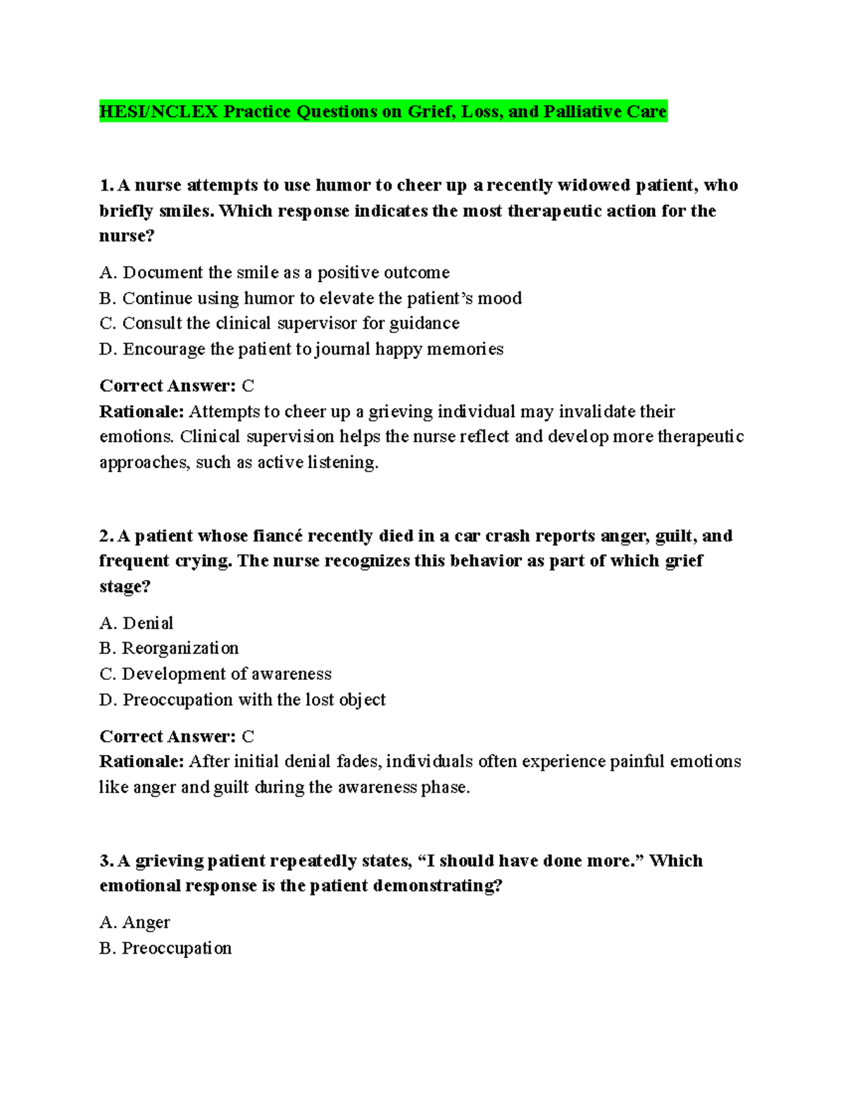 Practice Questions on Grief, Loss, and Palliative Care (MH 101) - Studocu