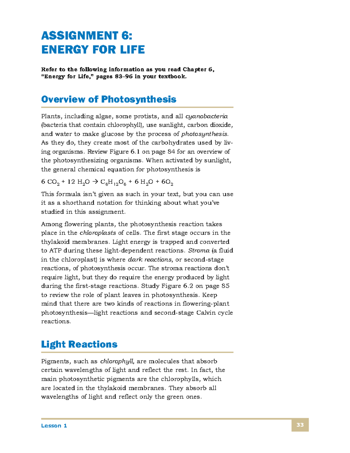 Biology Study Guide: Energy for Life & Energy for Cells (Chapters 6-7 ...