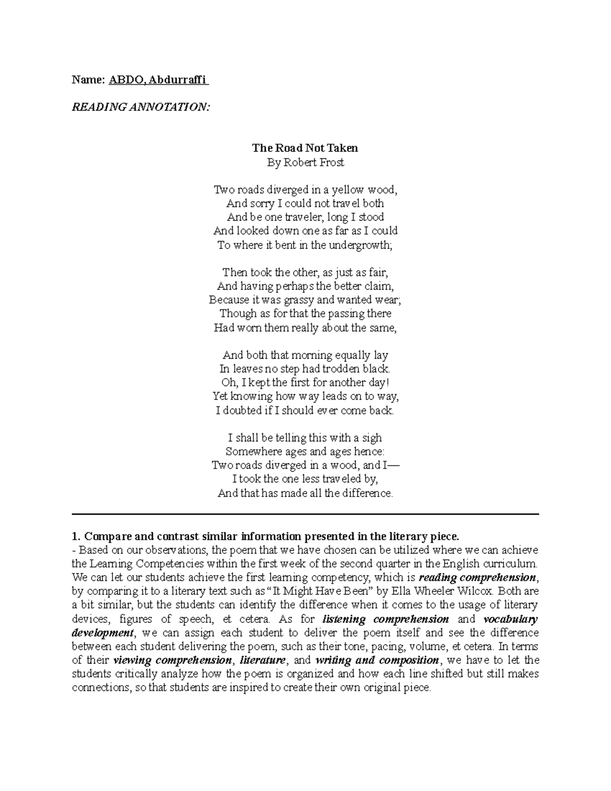 Reading Annotation - The Road Not Taken by Robert Frost - Name: ABDO ...