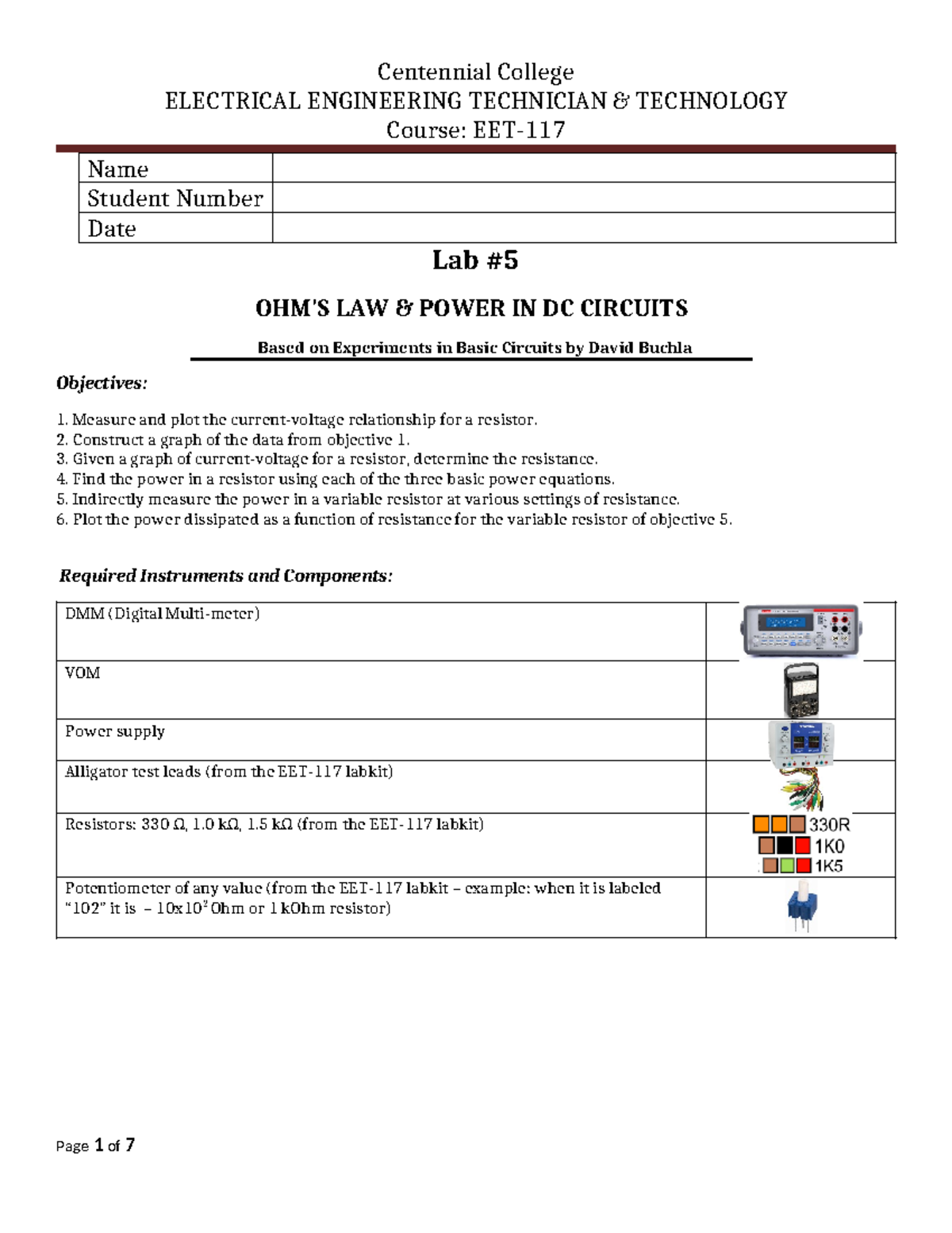 EET-117 Lab 5: Ohm's Law & Power in DC Circuits (Fall 2021) - Studocu