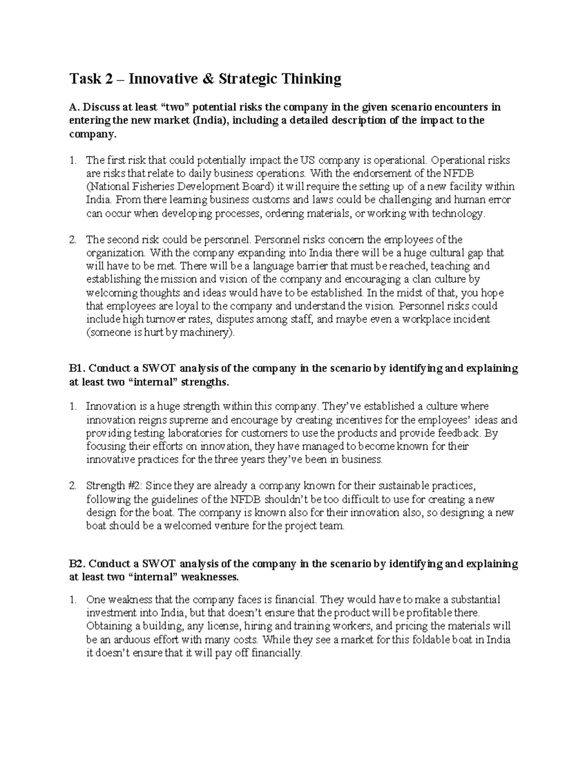 D081 Task 2 - Innovative Strategic Thinking: Risks, SWOT Analysis ...