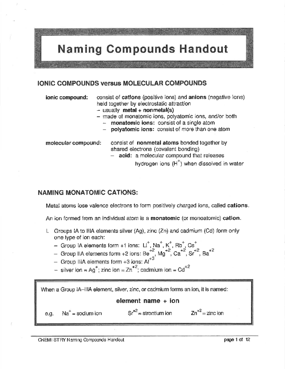 Naming Compounds Handout: IONIC vs MOLECULAR Compounds Guide - Studocu