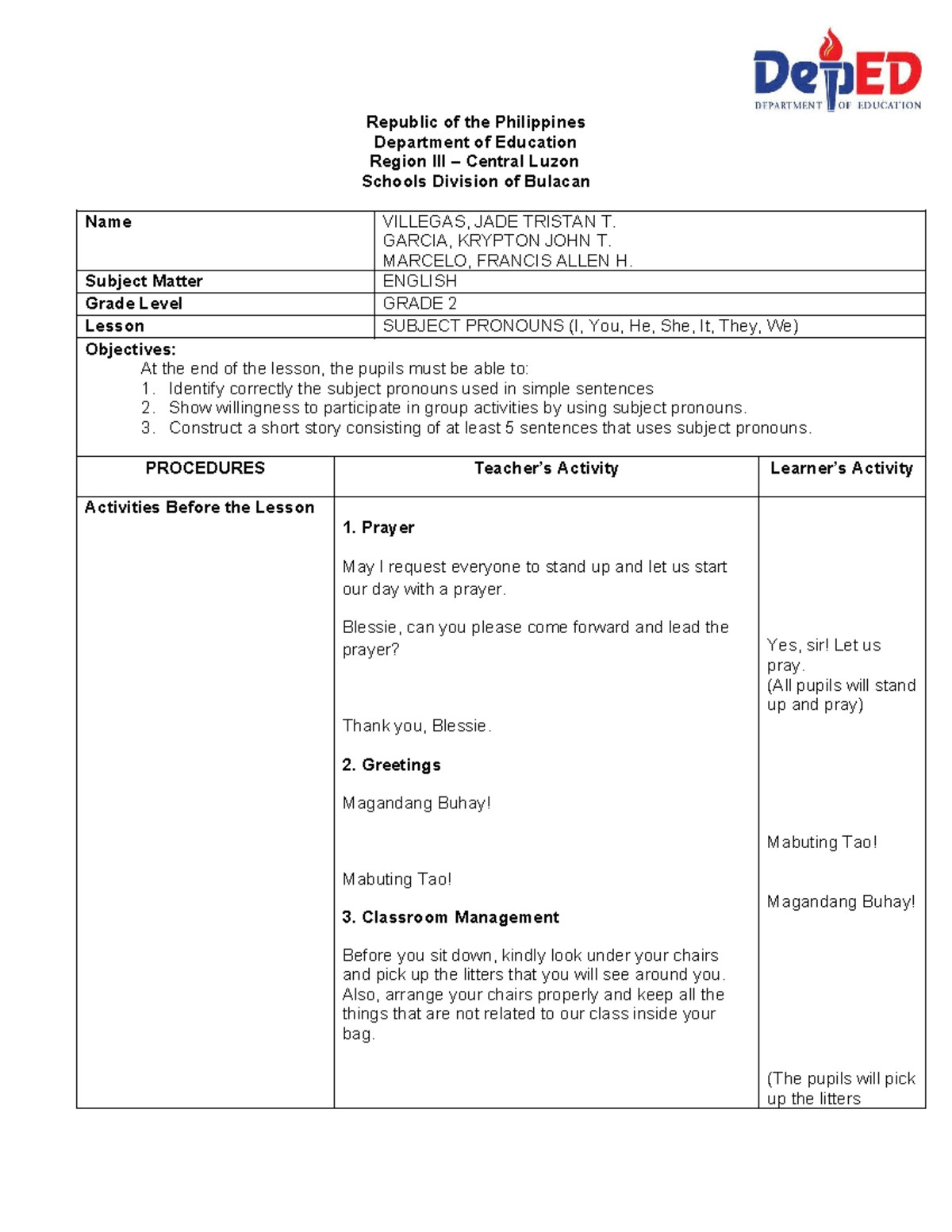 LP-Subject Pronouns - Lesson Plan for Grade 2 English Class - Studocu