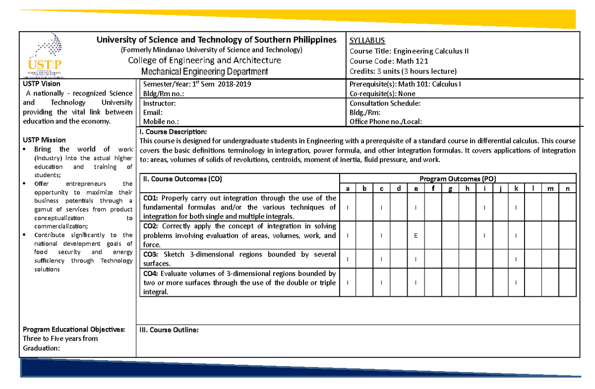 MATH121 - Engineering Calculus II - Detailed Syllabus Overview - Studocu