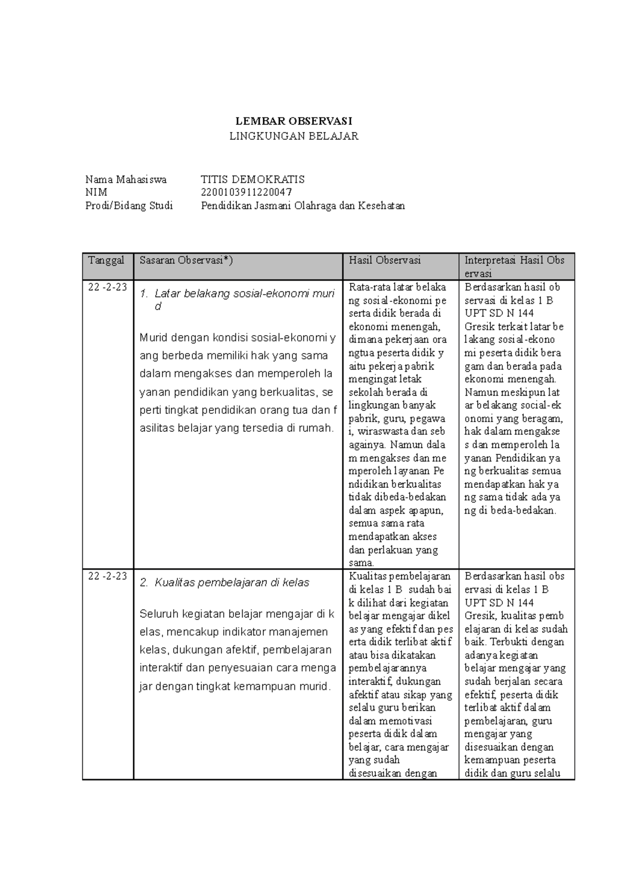 Lembar Observasi Lingkungan Belajar di Sekolah (Pendidikan Jasmani, NIM ...