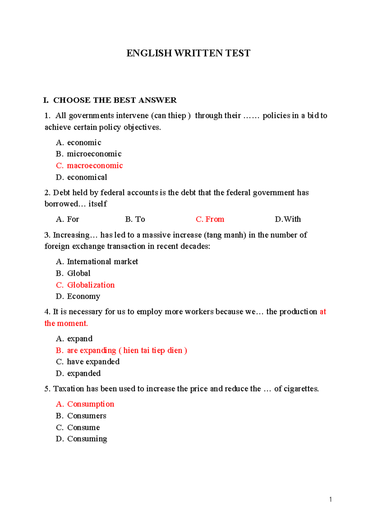 ENGLISH WRITTEN TEST I: BEST ANSWERS & READING COMPREHENSION - Studocu