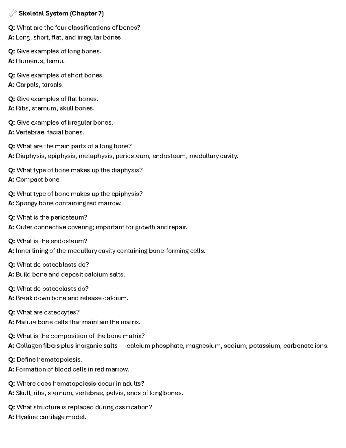 Skeletal System (BIO101) Flash Cards: Bone Classifications & Functions ...