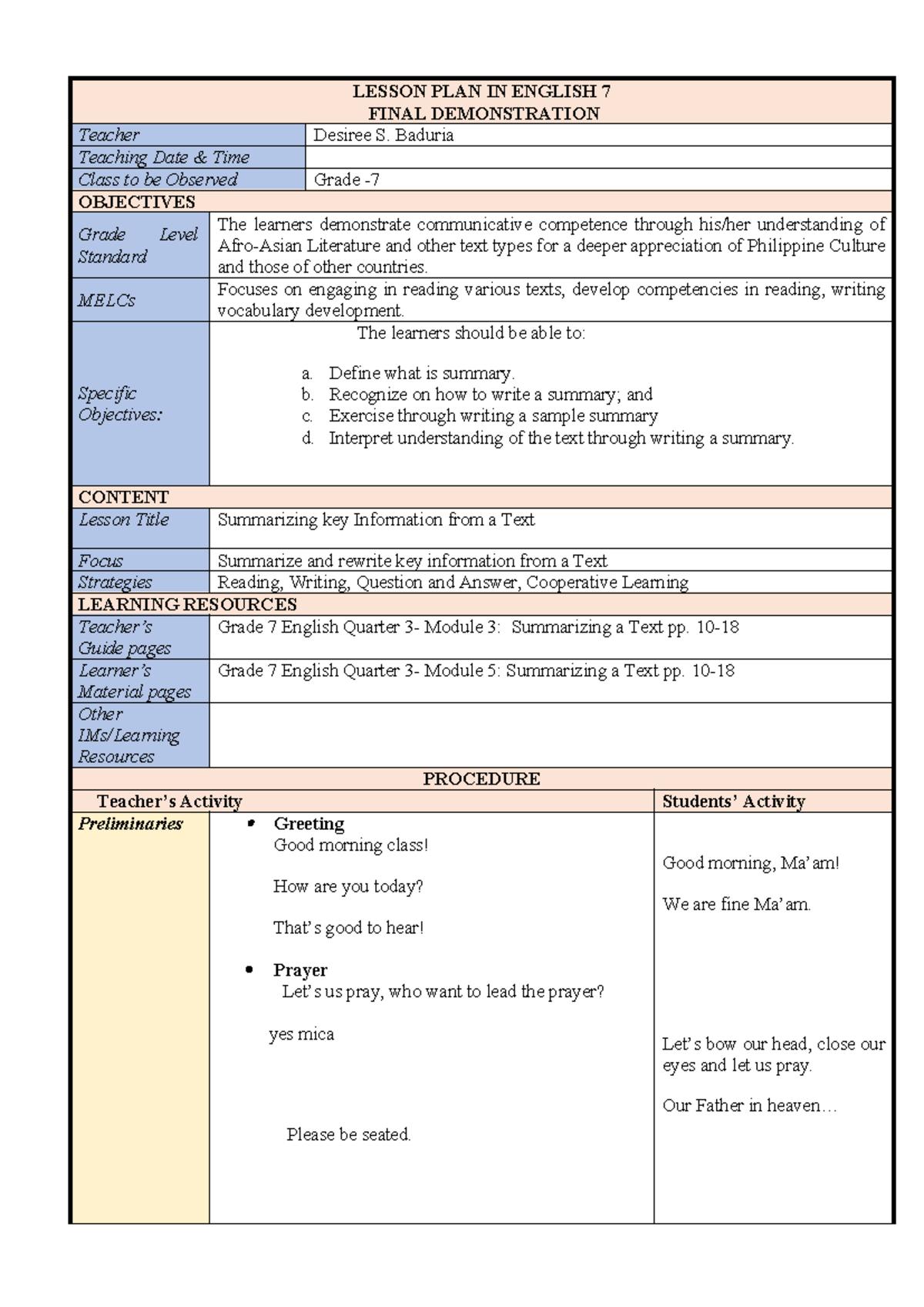 LESSON PLAN: ENGLISH 7 FINAL DEMO by Desiree S. Baduria - Studocu