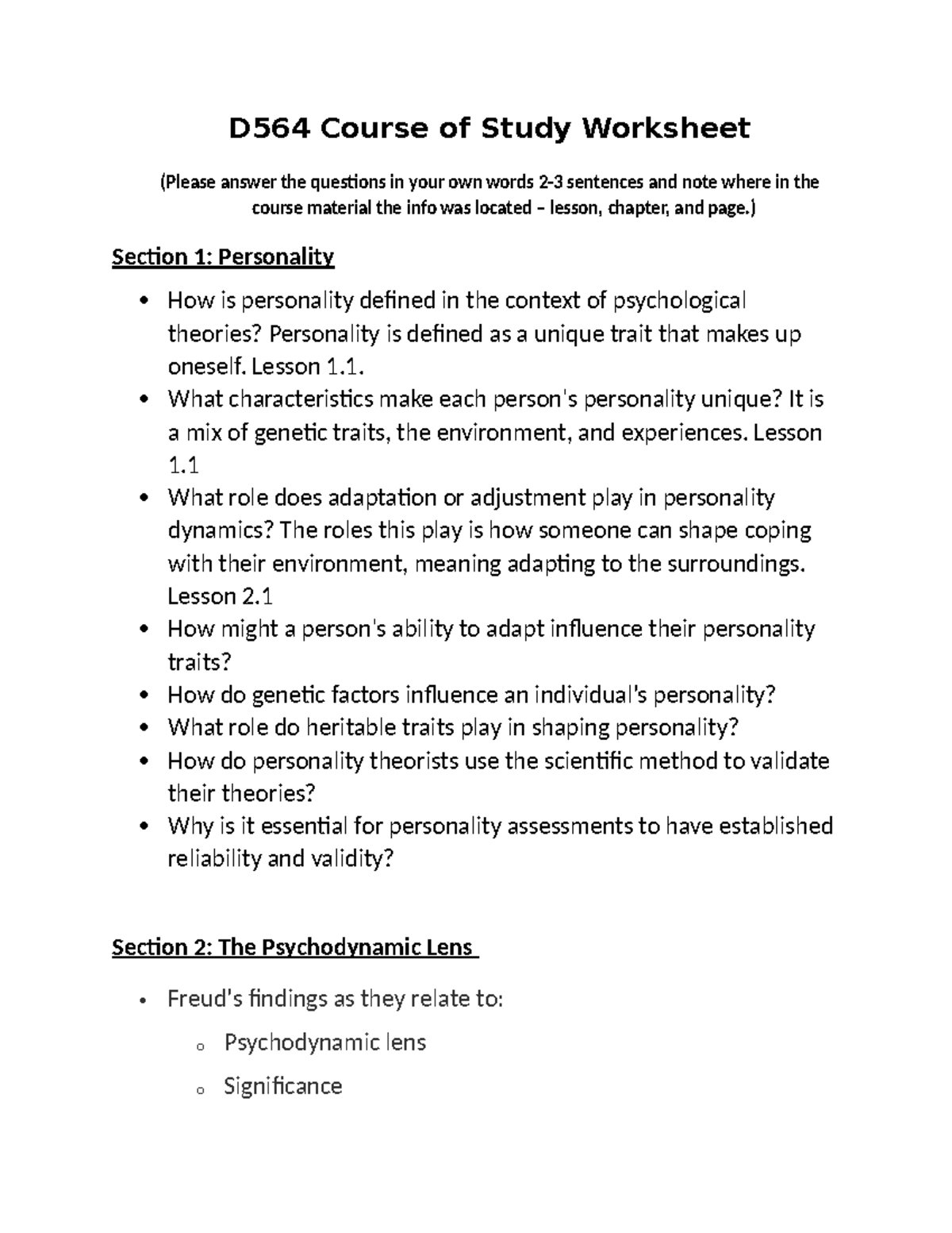 D564 Course of Study Worksheet: Exploring Personality Theories - Studocu