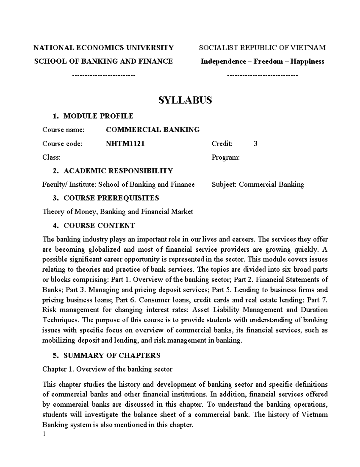 Syllabus for Commercial Banking (NHTM1121) - Sep 2020 - Studocu