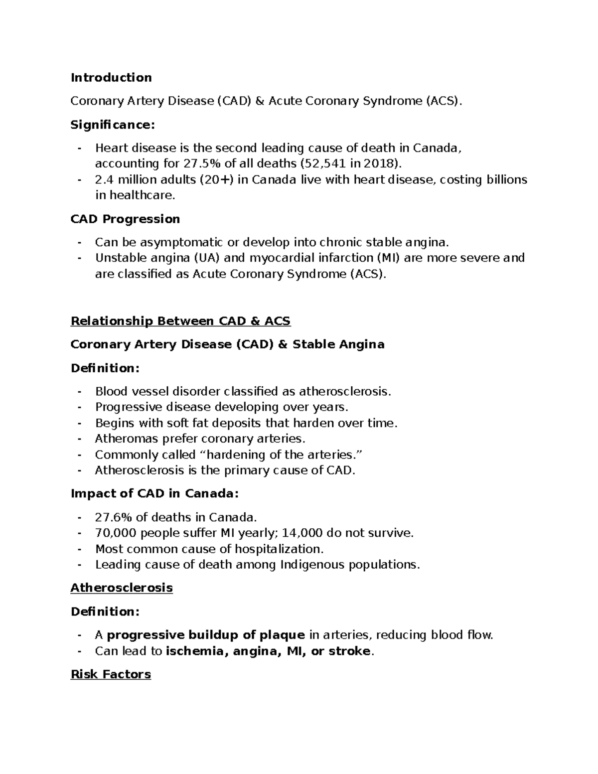 Week 7 CAD - notes - Introduction Coronary Artery Disease (CAD) & Acute ...
