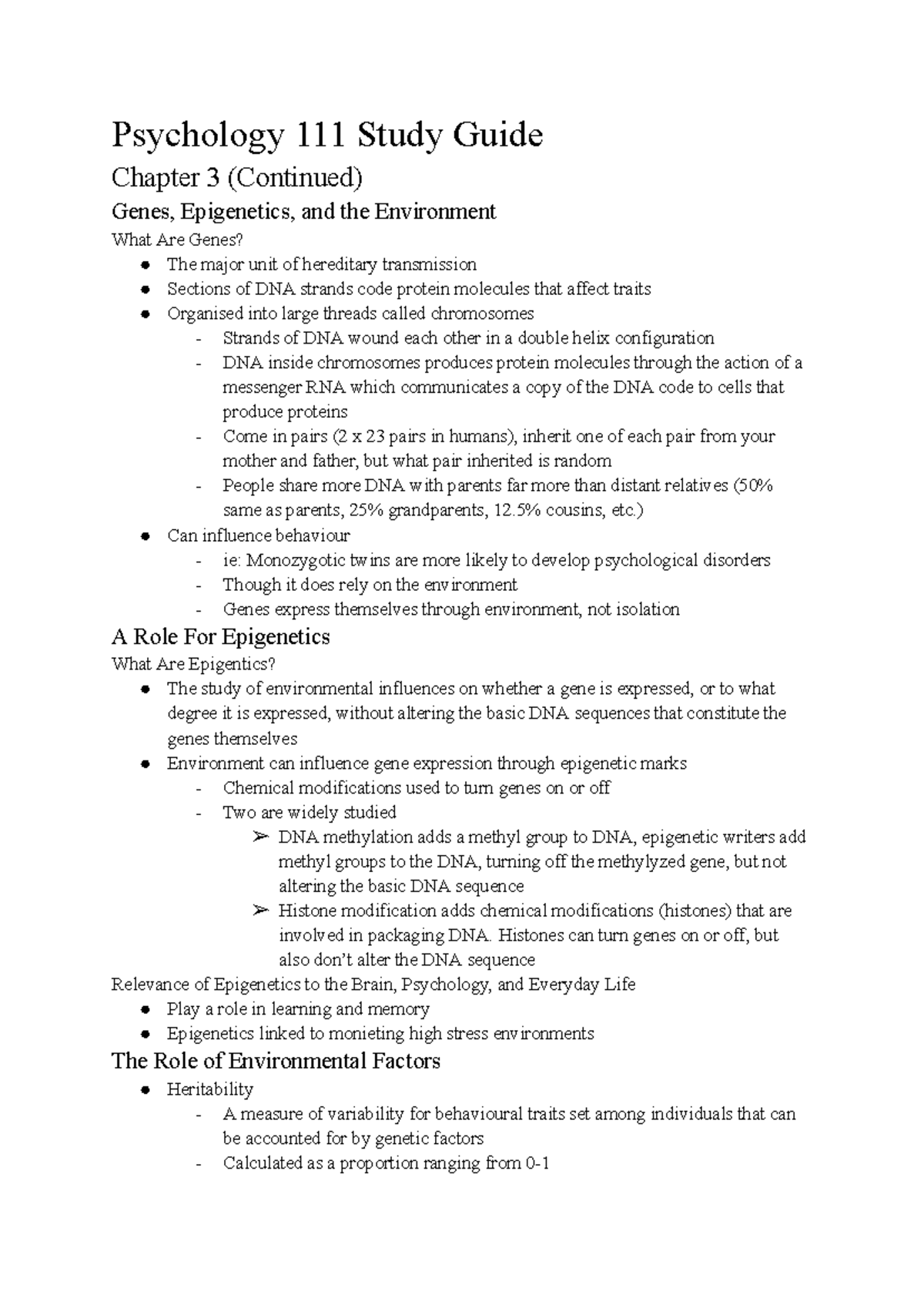 Psychology 111 study guide: Genes, epigenetics, and sensation - Studocu