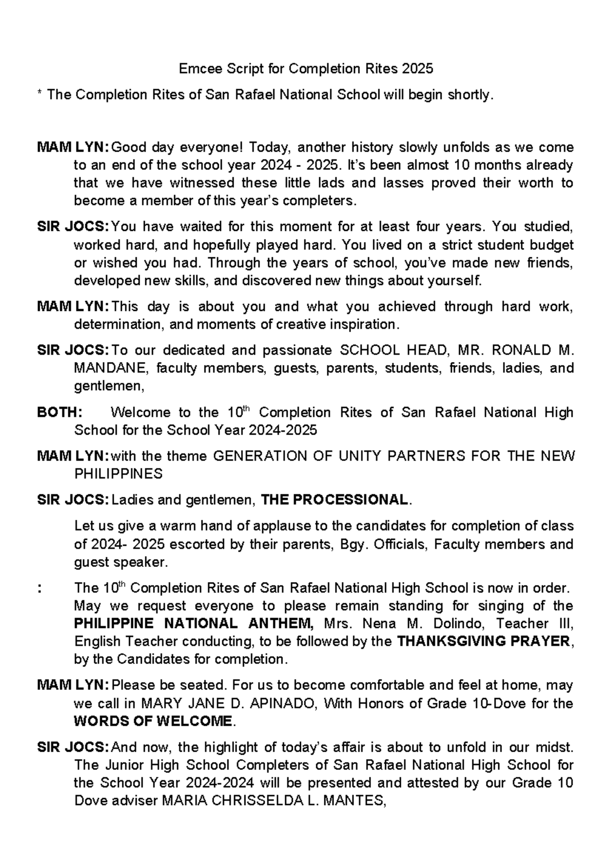 Emcee Script for Completion Rites 2025 at San Rafael National School ...