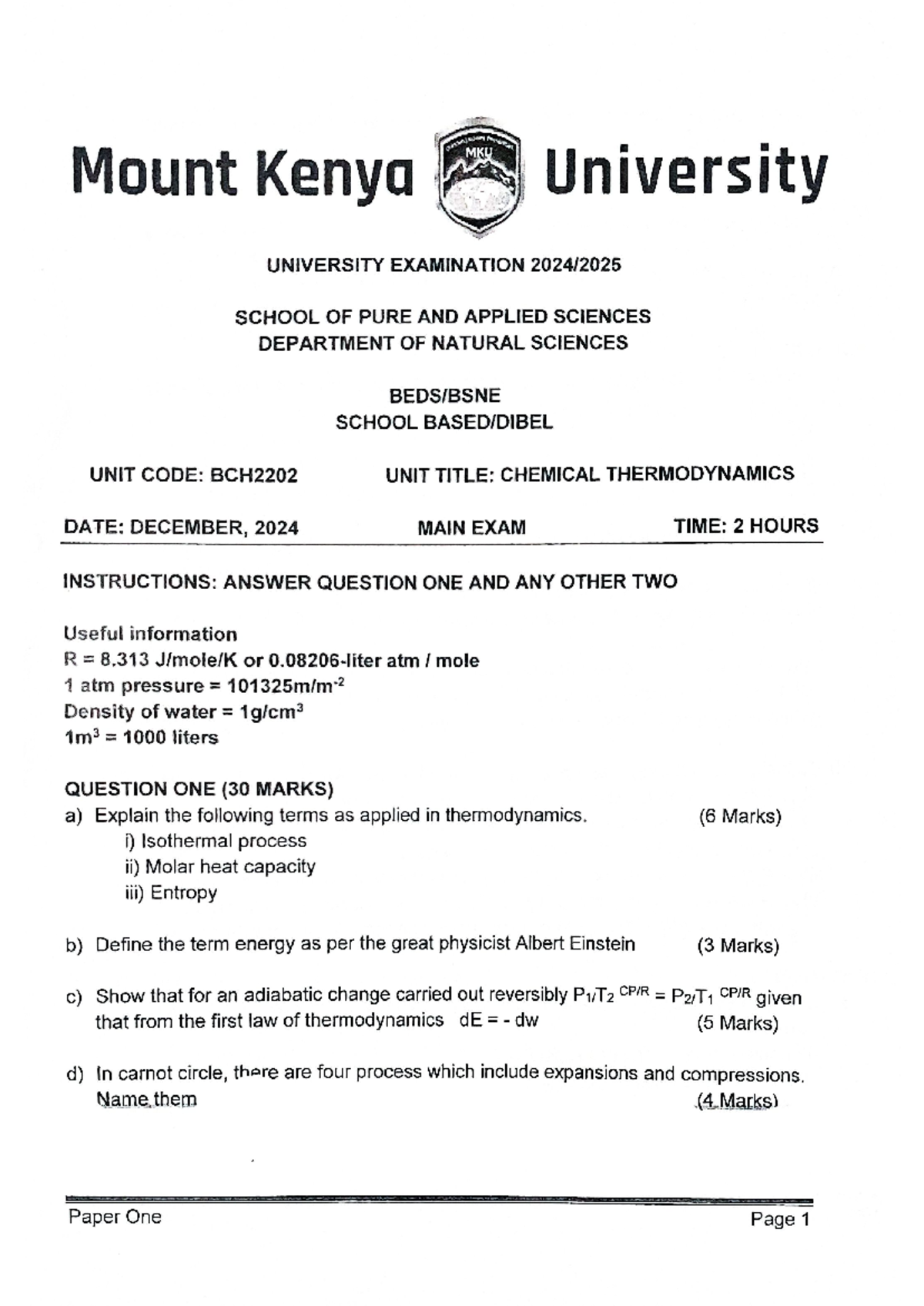 Chemical Thermodynamics Past Exam Papers - BCH2202 - MKU - Studocu