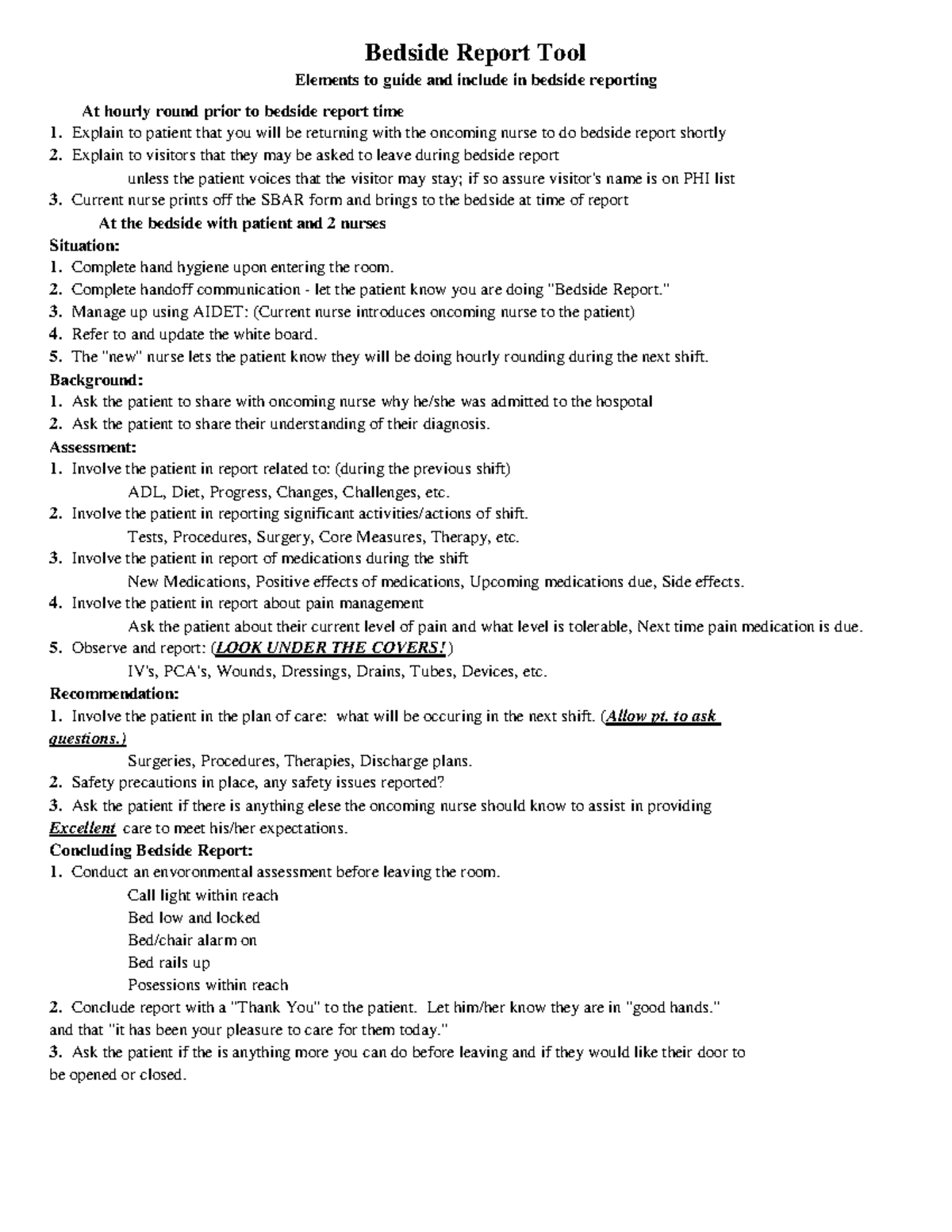 Bedside Report Tool: Essential Elements for Effective Handoff - Studocu