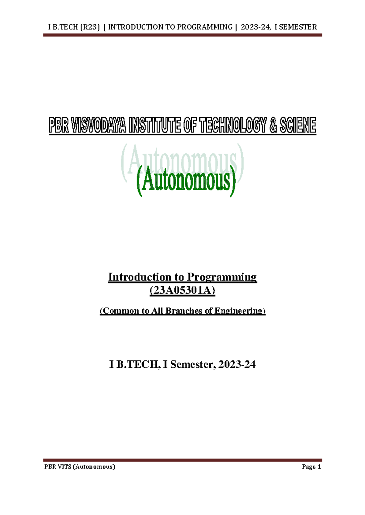 R23 - I B.TECH Introduction to Programming Notes - All Units - Studocu