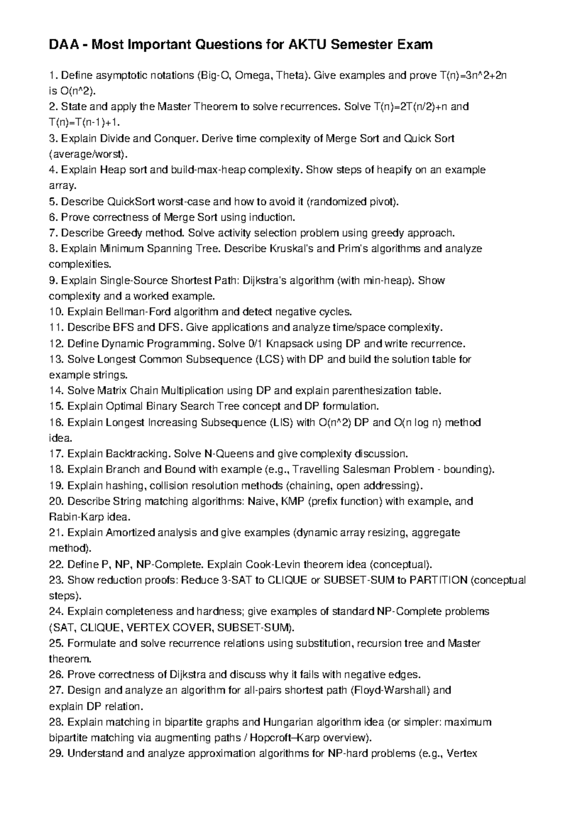 DAA Important Questions for AKTU Semester Exam - Studocu