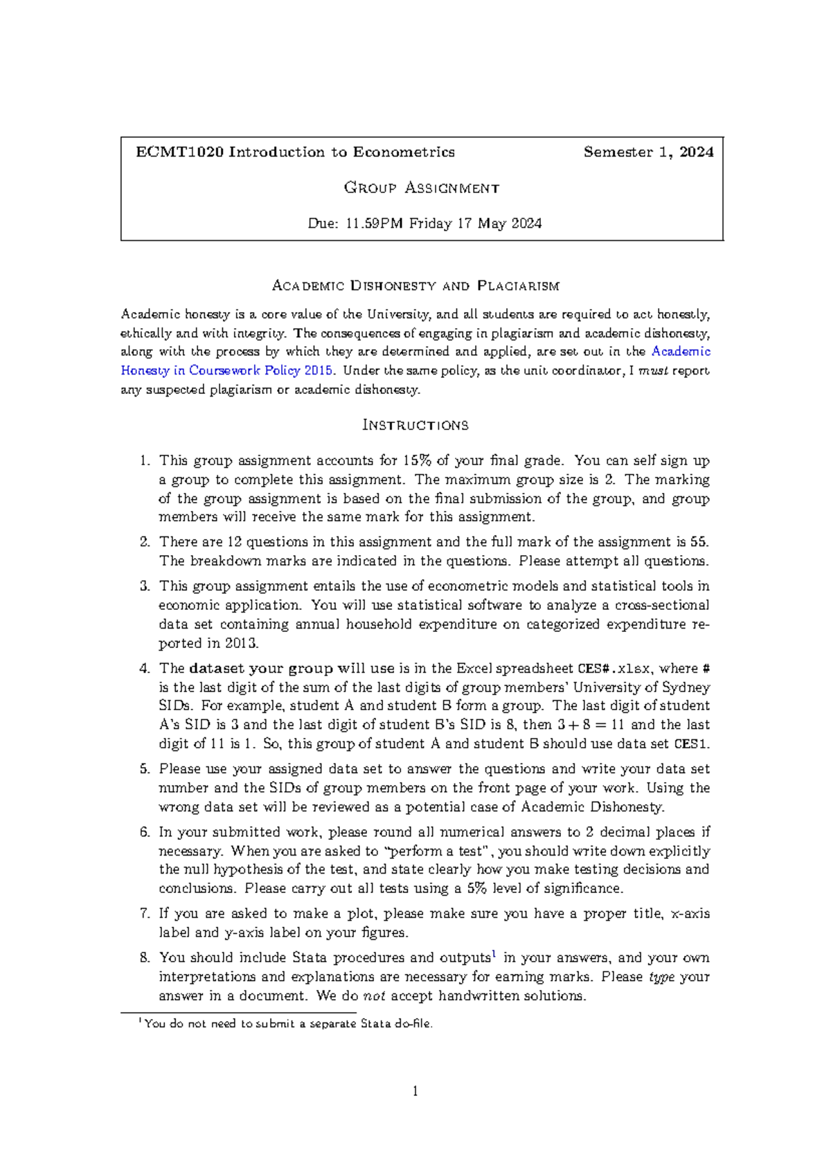 ECMT1020 2024S1 Assignment - ECMT1020 Introduction to Econometrics ...