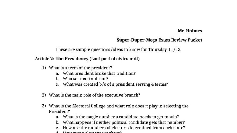 CIVICS 101: Mr. Holmes Final Exam Review Packet 2025 - Studocu