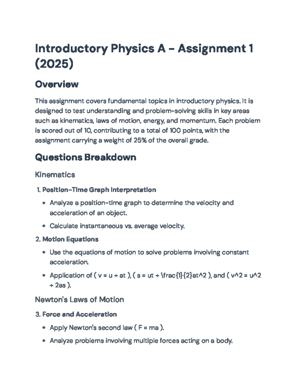 Introductory Physics A - Assignment 1: Kinematics, Forces, and Energy ...