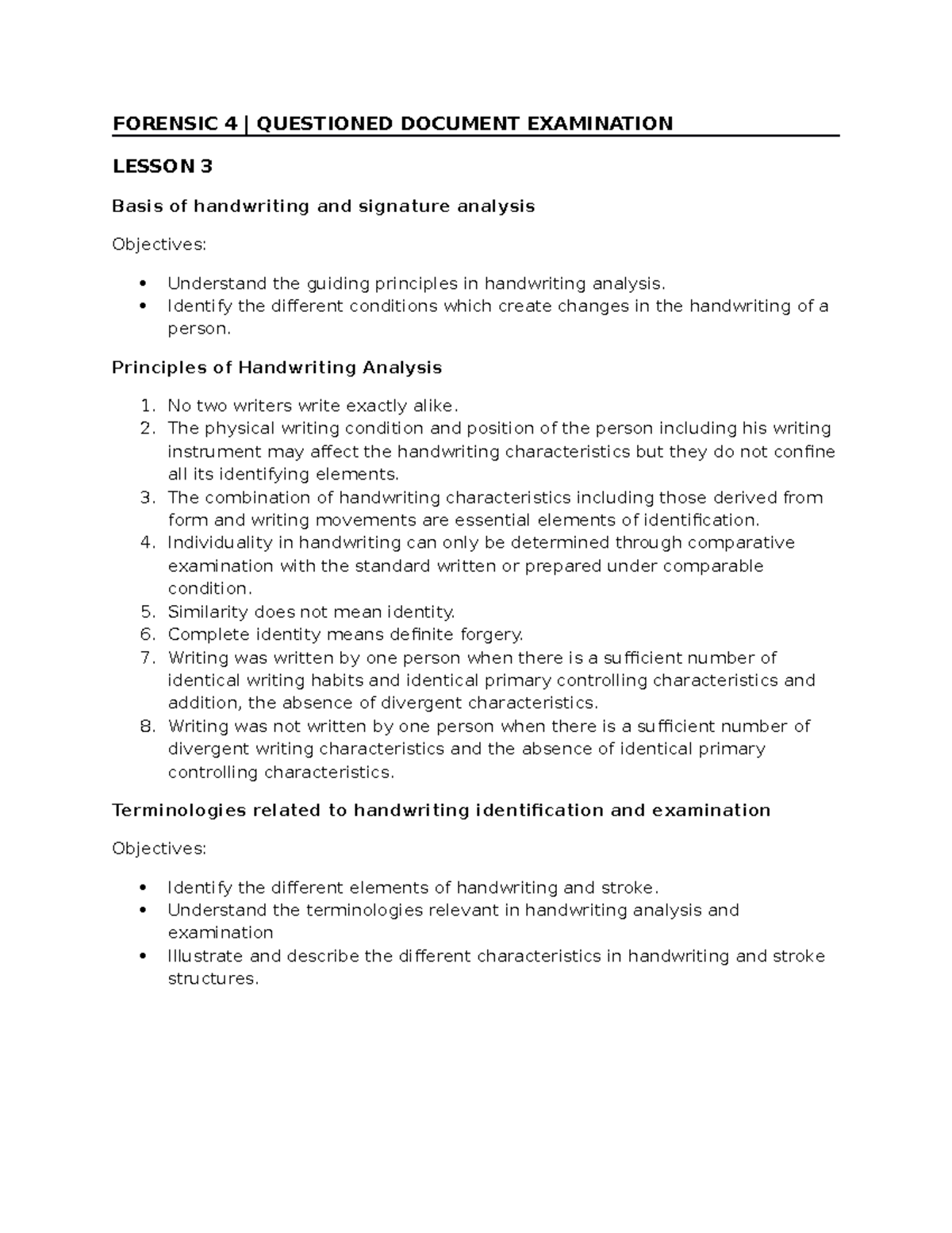 Forensic 4 Lesson 3 - Handwriting & Signature Analysis Guide - Studocu