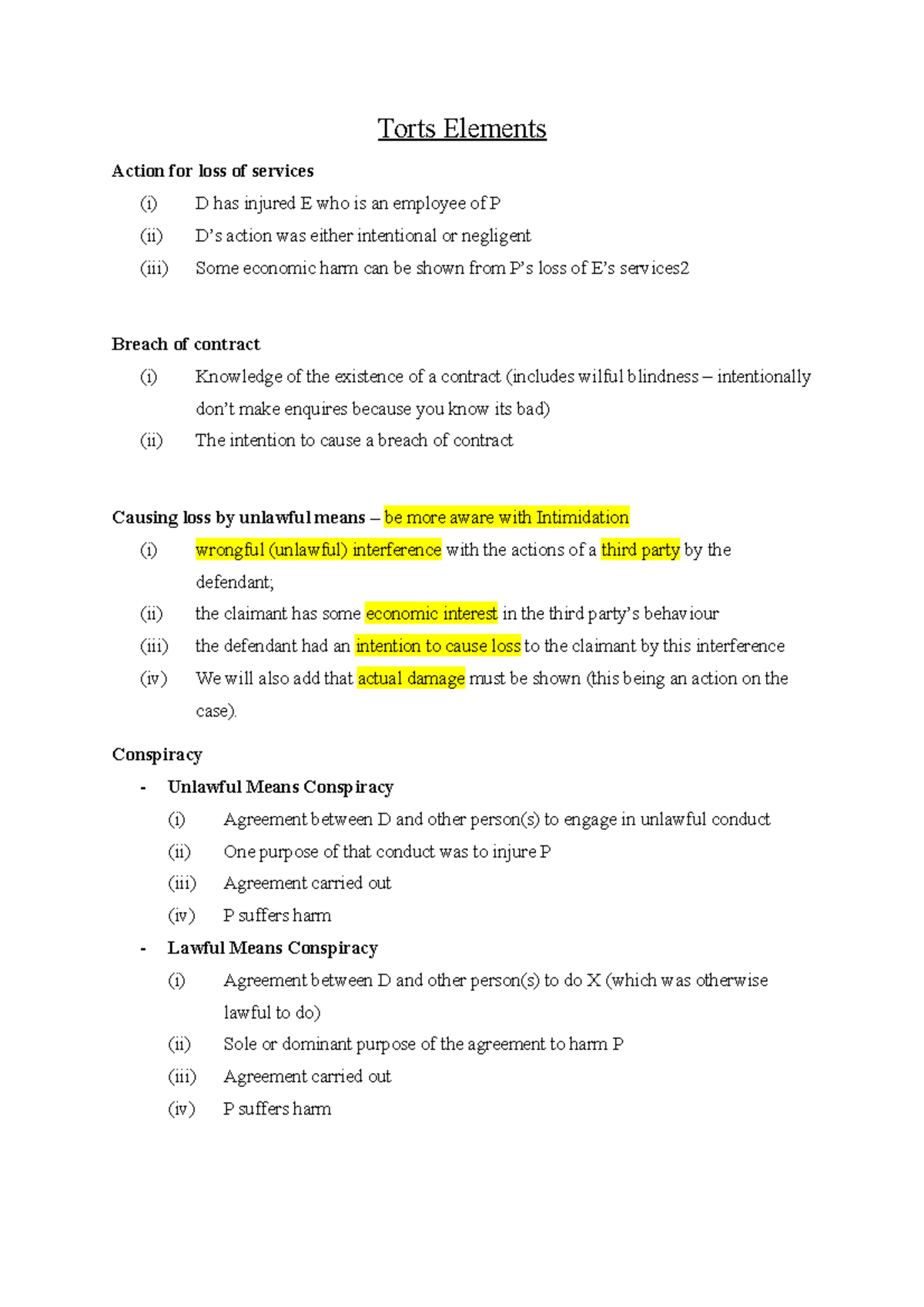 Torts Elements Overview: Key Concepts & Legal Principles - Studocu