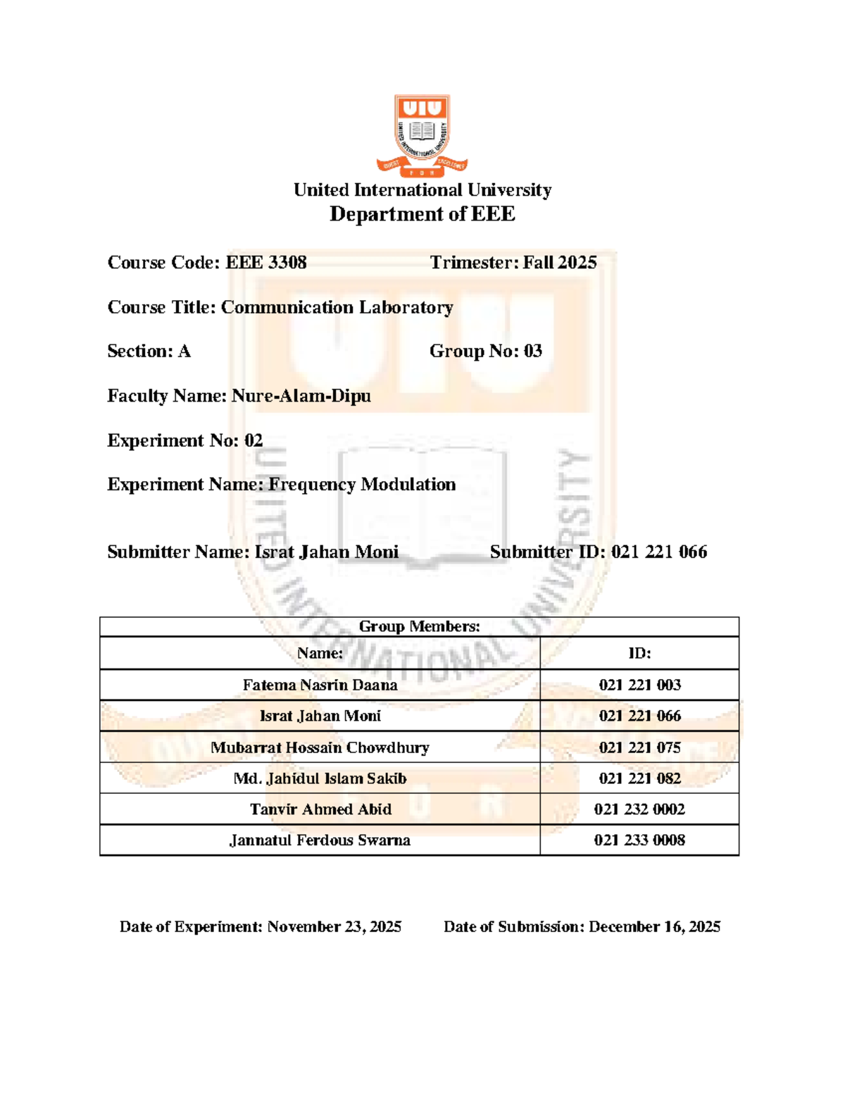 Lab Report 2: Frequency Modulation Experiment (Course Code: 3308) - Studocu