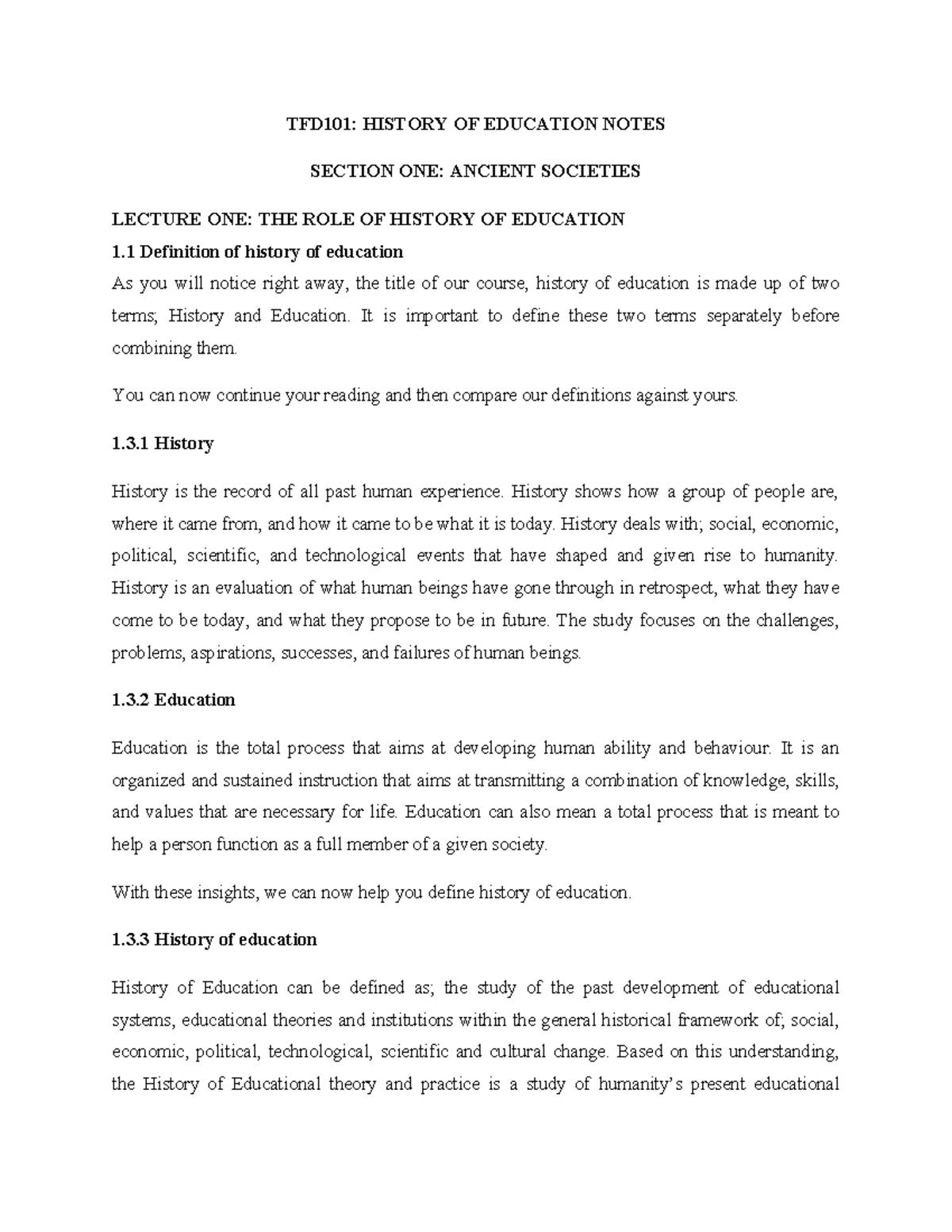 TFD101: History of Education Notes - Ancient Societies Overview - Studocu