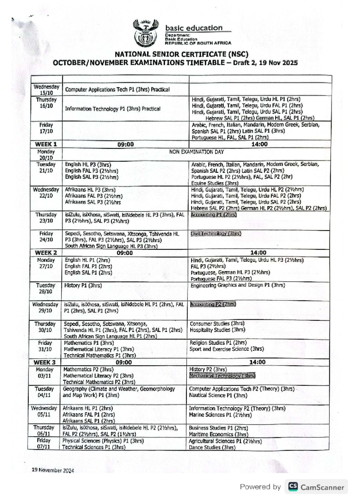 NSC Examinations Timetable Draft for Oct-Nov 2025 - Studocu