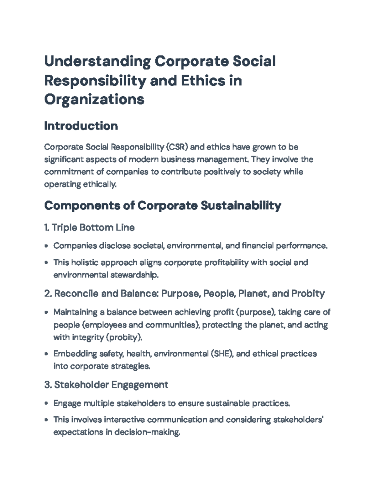 Corporate Social Responsibility & Ethics in Organizations: A Framework ...