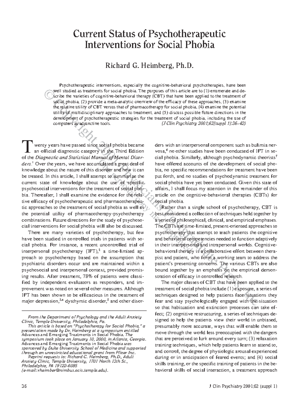 Current Status of Psychotherapeutic Interventions for Social Phobia ...