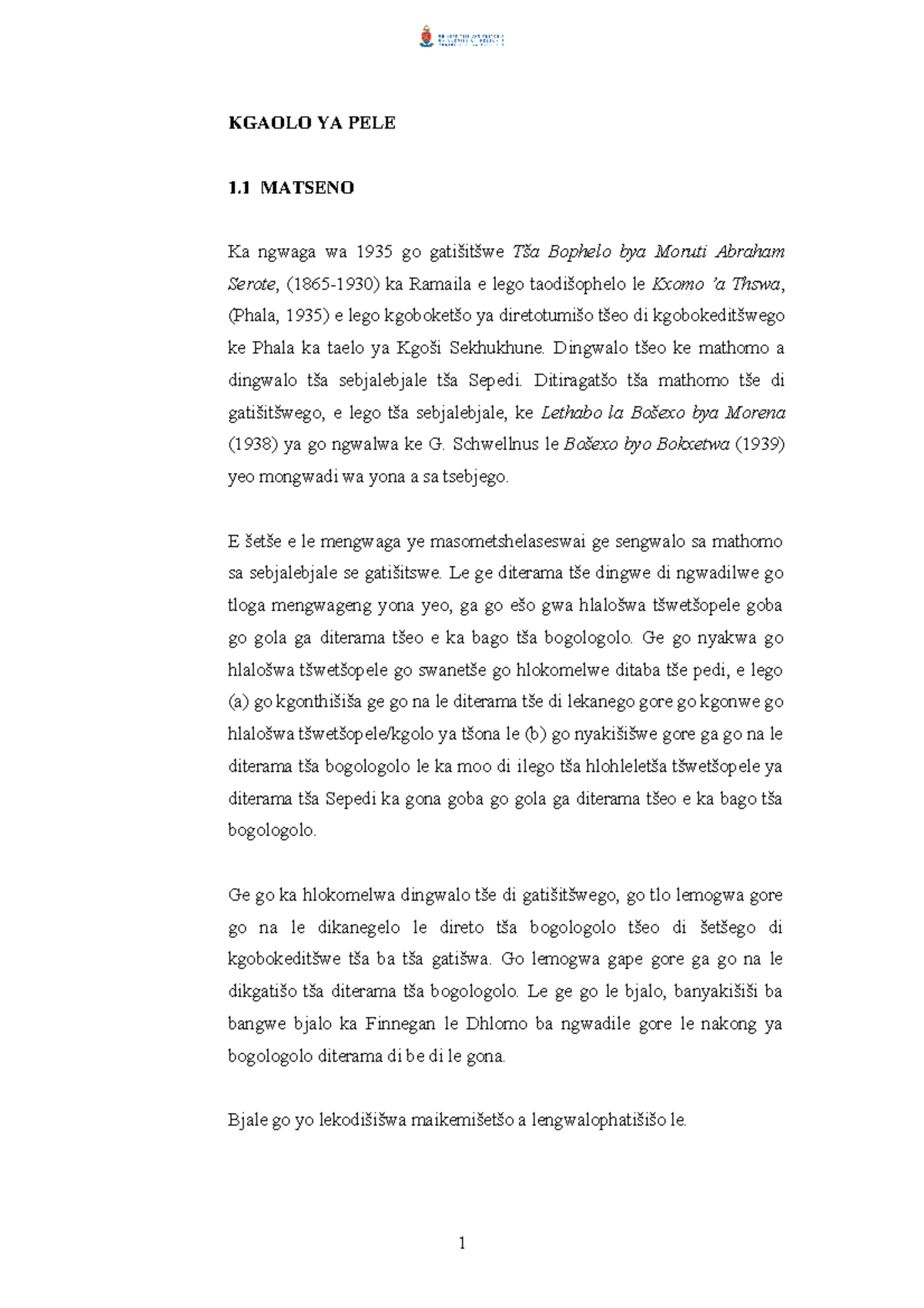 01: Sepedi Drama Evolution - Chapters 1-3 Analysis - Studocu