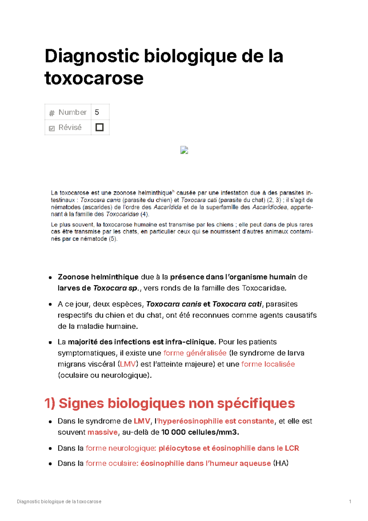 Diagnostic biologique de la toxocarose : Approches modernes et méthodes ...