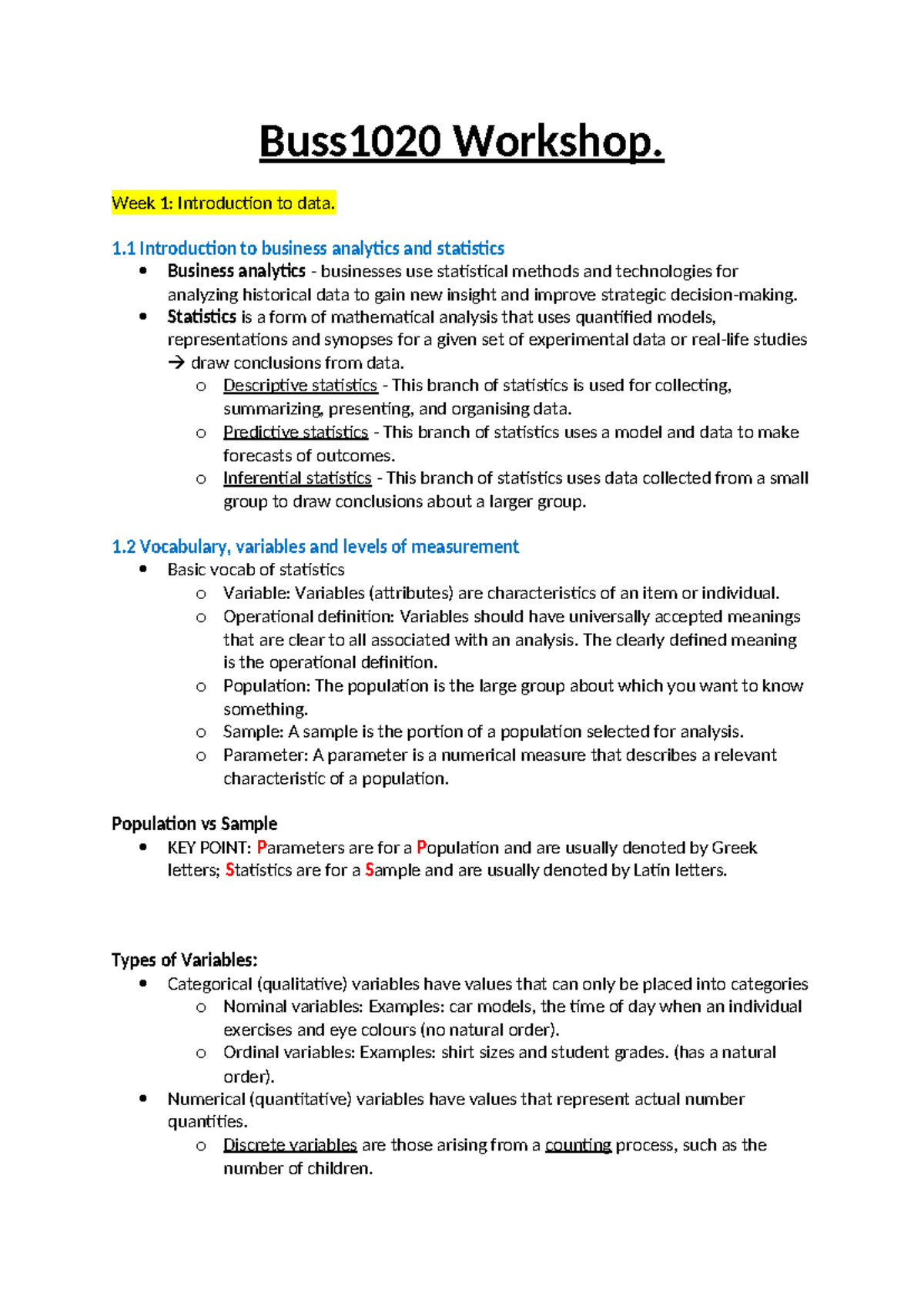 Buss1020 Workshop: Intro to Business Analytics & Statistics - Studocu