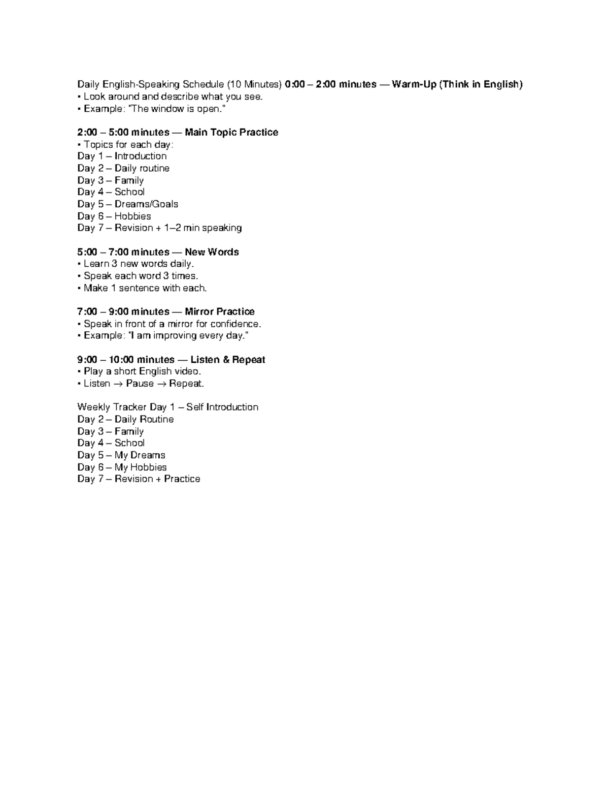 English Speaking Schedule: Daily Practice Plan (10 Min) - Studocu