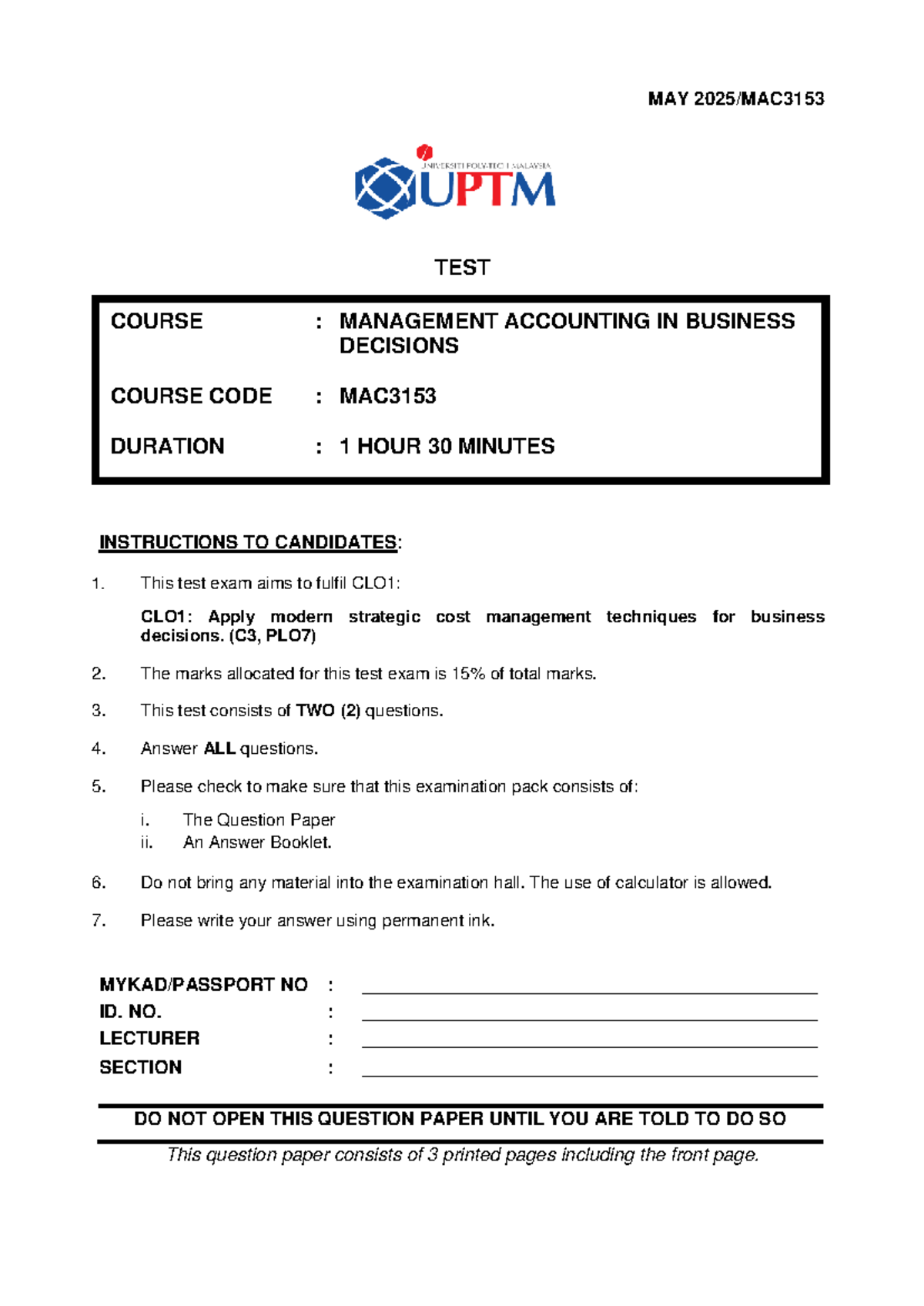 MAY 2025 MAC3153 MANAGEMENT ACCOUNTING TEST QUESTION PAPER - Studocu