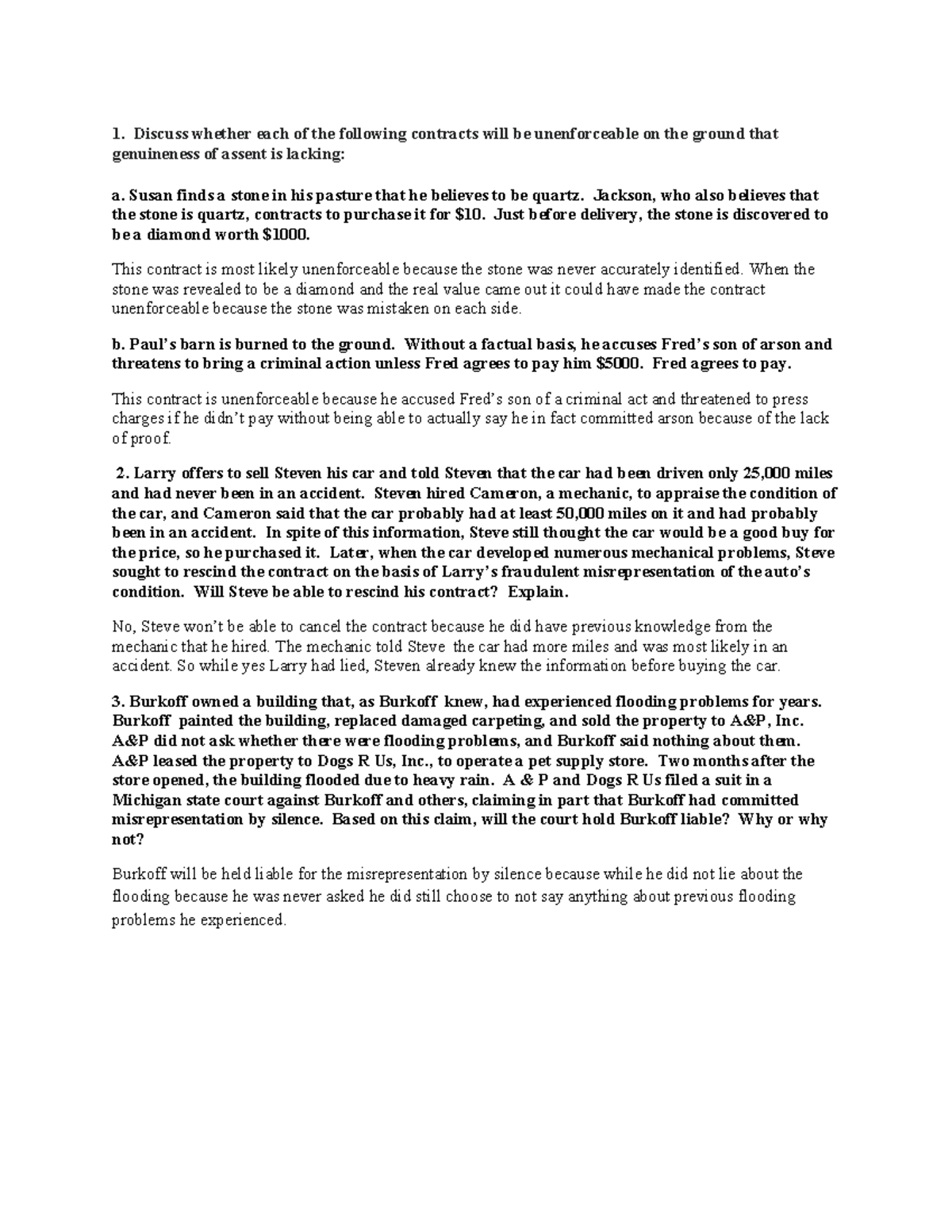 Ch 15 QCP - Responses on Genuineness of Assent in Contracts - Studocu