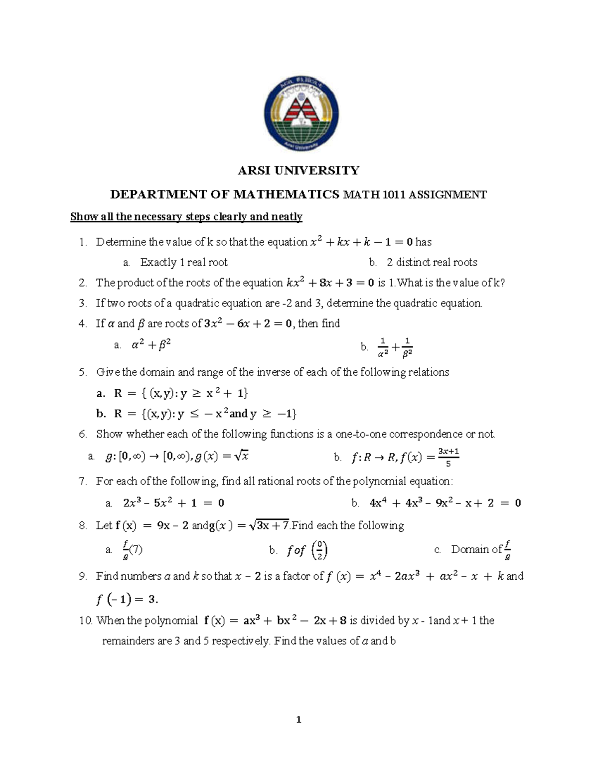 Arsi university Maths 1011 Assignment - 1 ARSI UNIVERSITY DEPARTMENT OF MATHEMATICS MATH 1011 ...