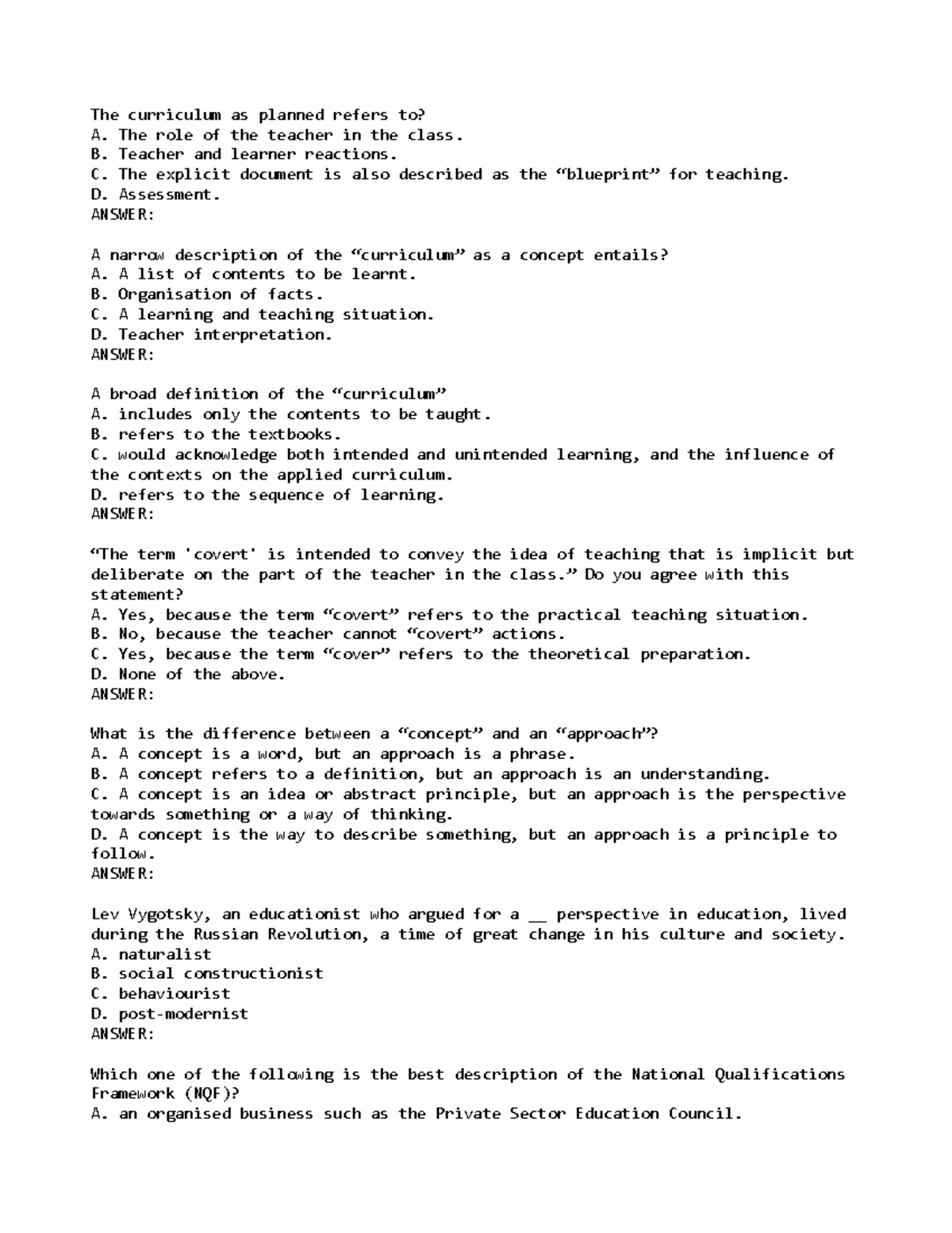 CUS Exam - Sample Questions for 2025 Curriculum Studies Exam - Studocu