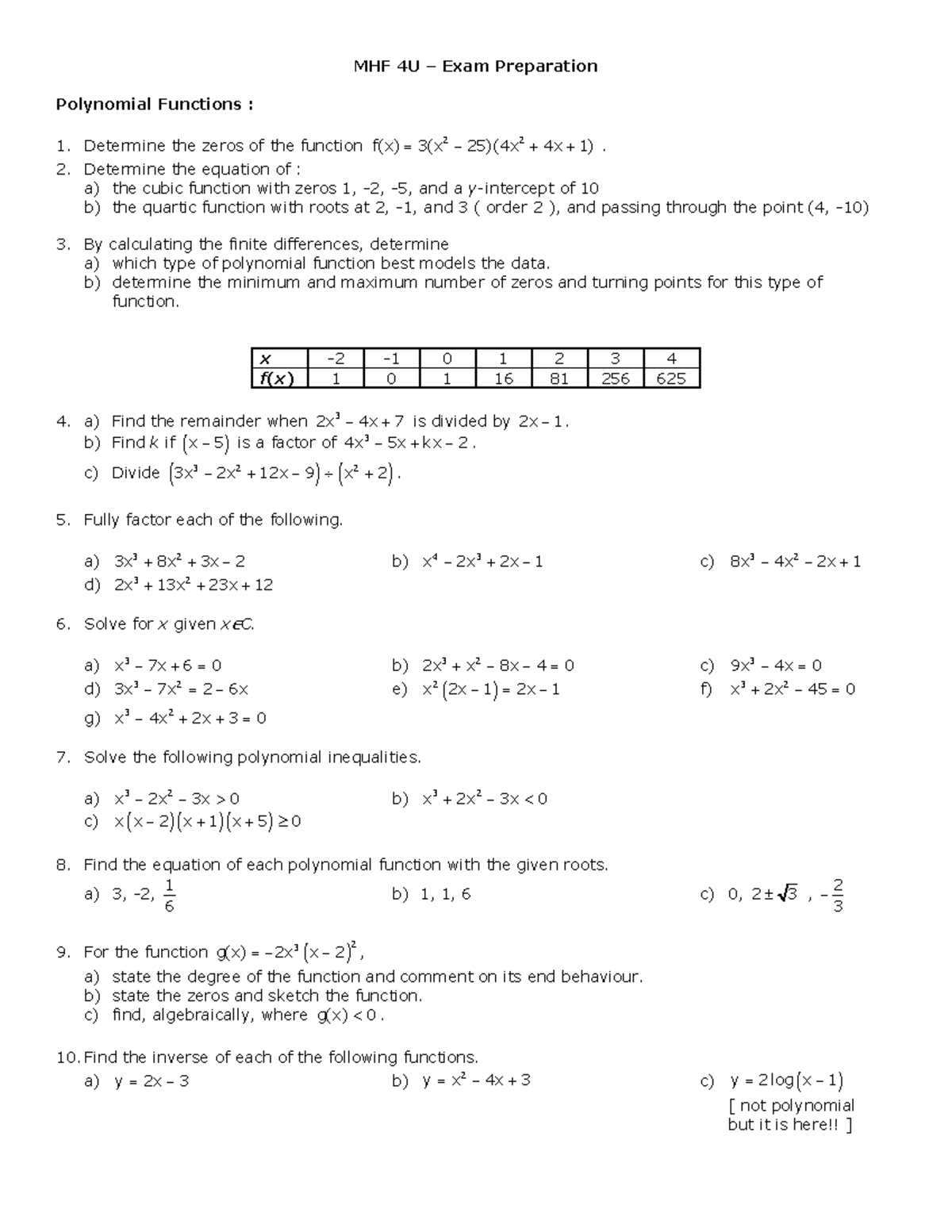 Exam Prep - Polynomial Functions - MHF 4U – Exam Preparation Polynomial ...