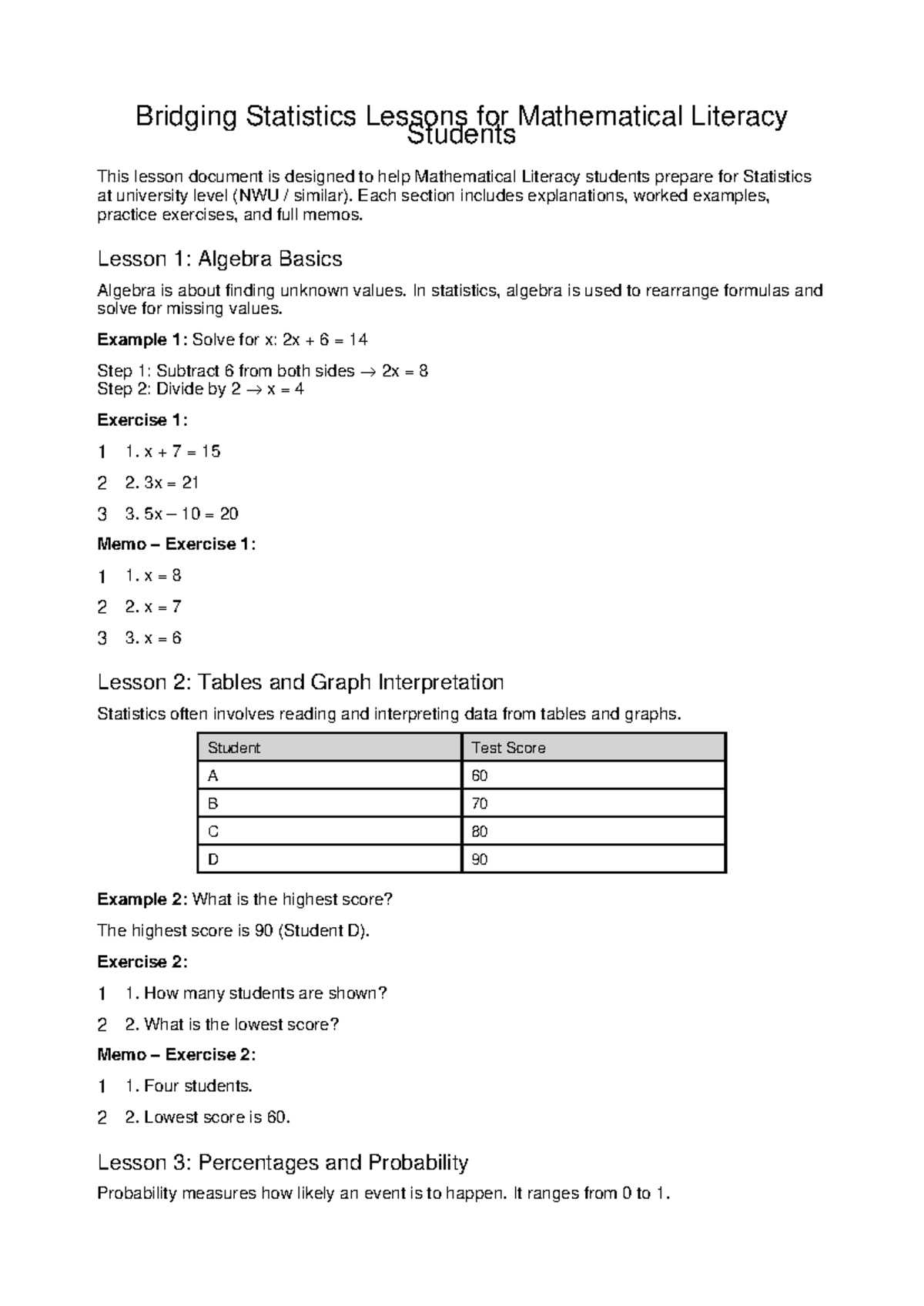 Statistics Bridge Lessons for Math Lit Students - Studocu